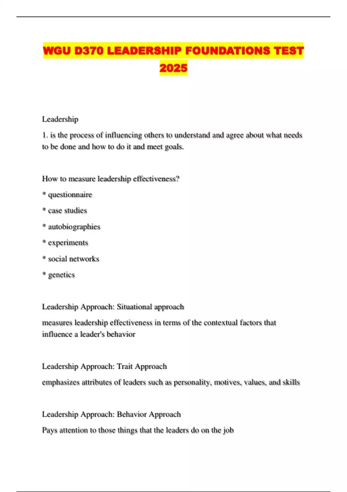 WGU D370 LEADERSHIP FOUNDATIONS TEST 2025 - WGU D370 LEADERSHIP ...