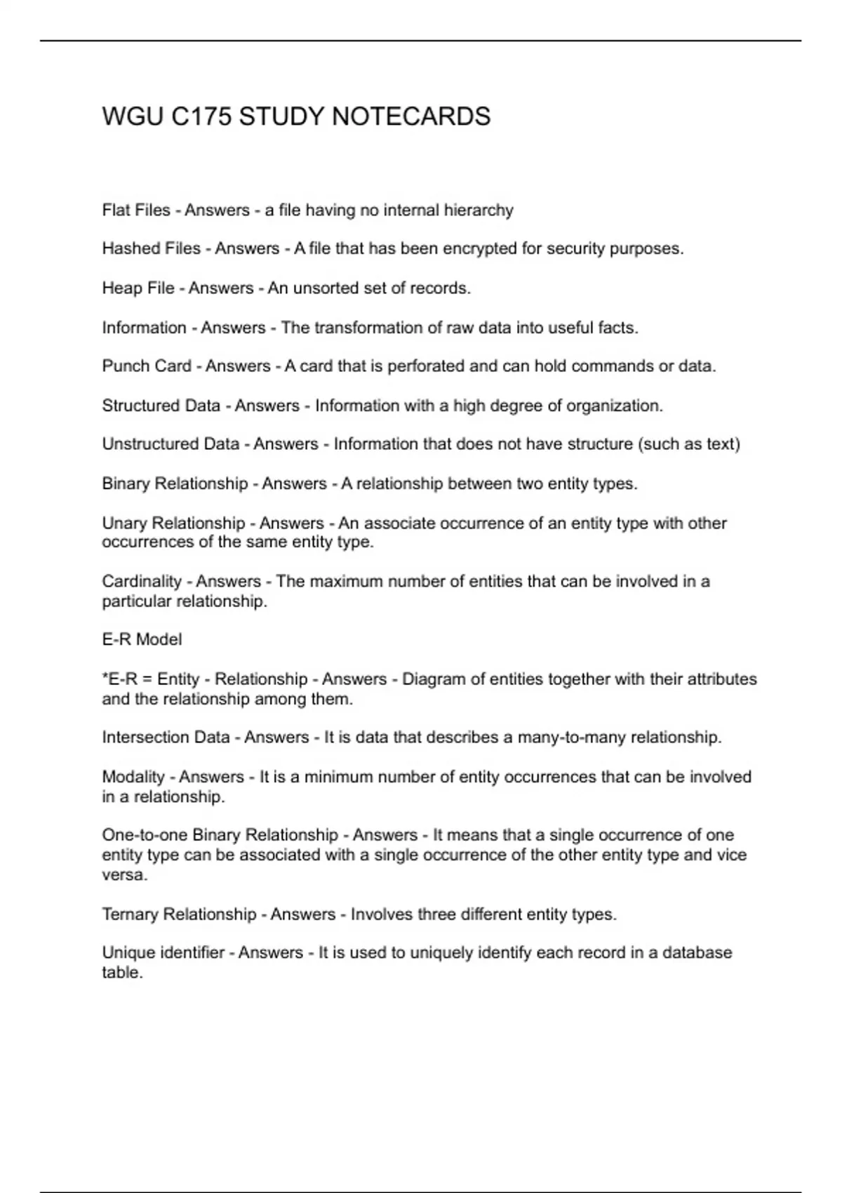 WGU C175 STUDY NOTECARDS - WGU C175 - Stuvia US