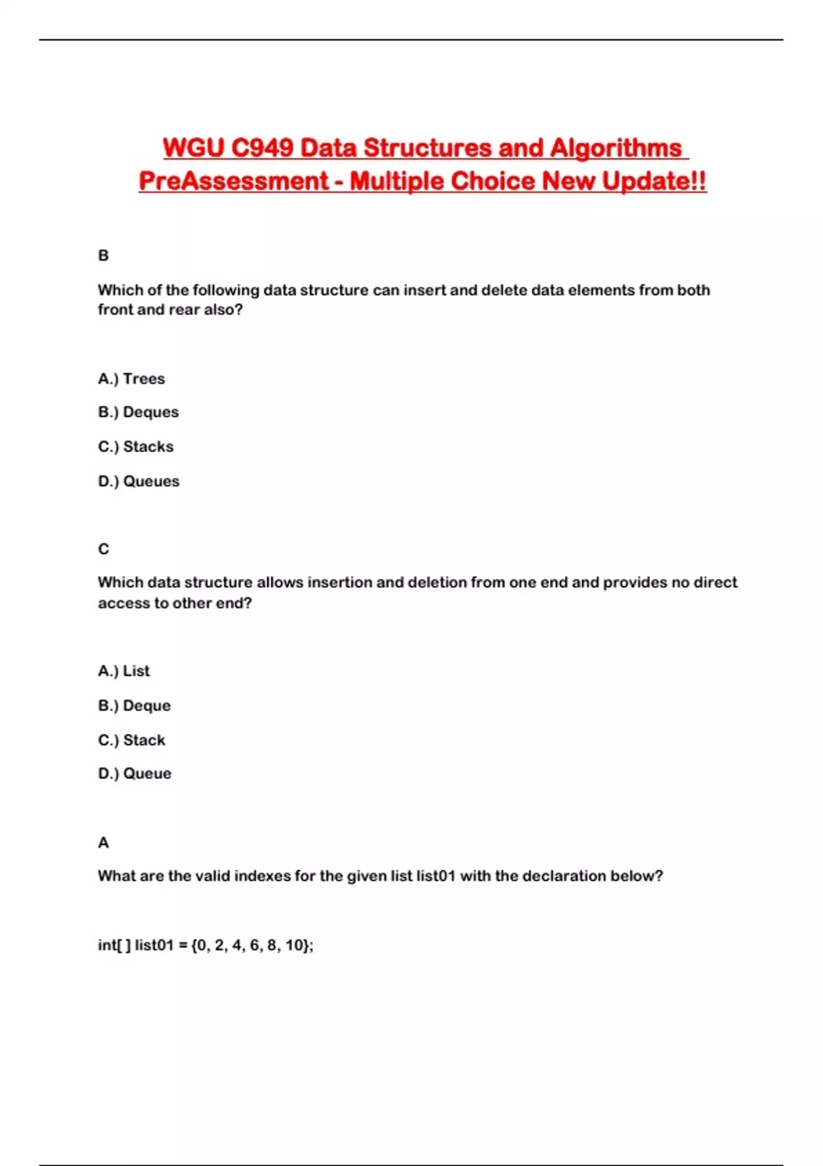 WGU C949 Data Structures and Algorithms PreAssessment - Multiple Choice New Update!! - WGU C949 ...