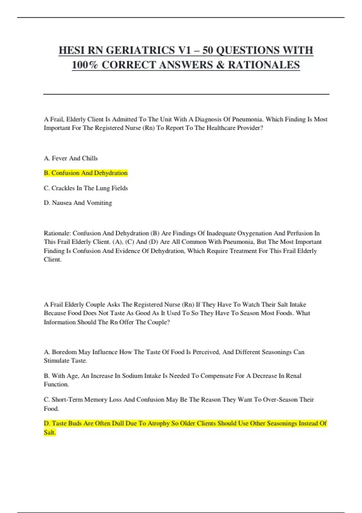 HESI RN GERIATRICS V1 – 50 QUESTIONS WITH 100% CORRECT ANSWERS ...
