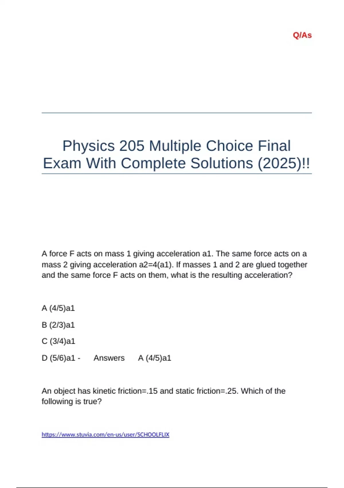 Physics 205 Multiple Choice Final Exam With Complete Solutions (2025)!! - Phys 205 - Stuvia US