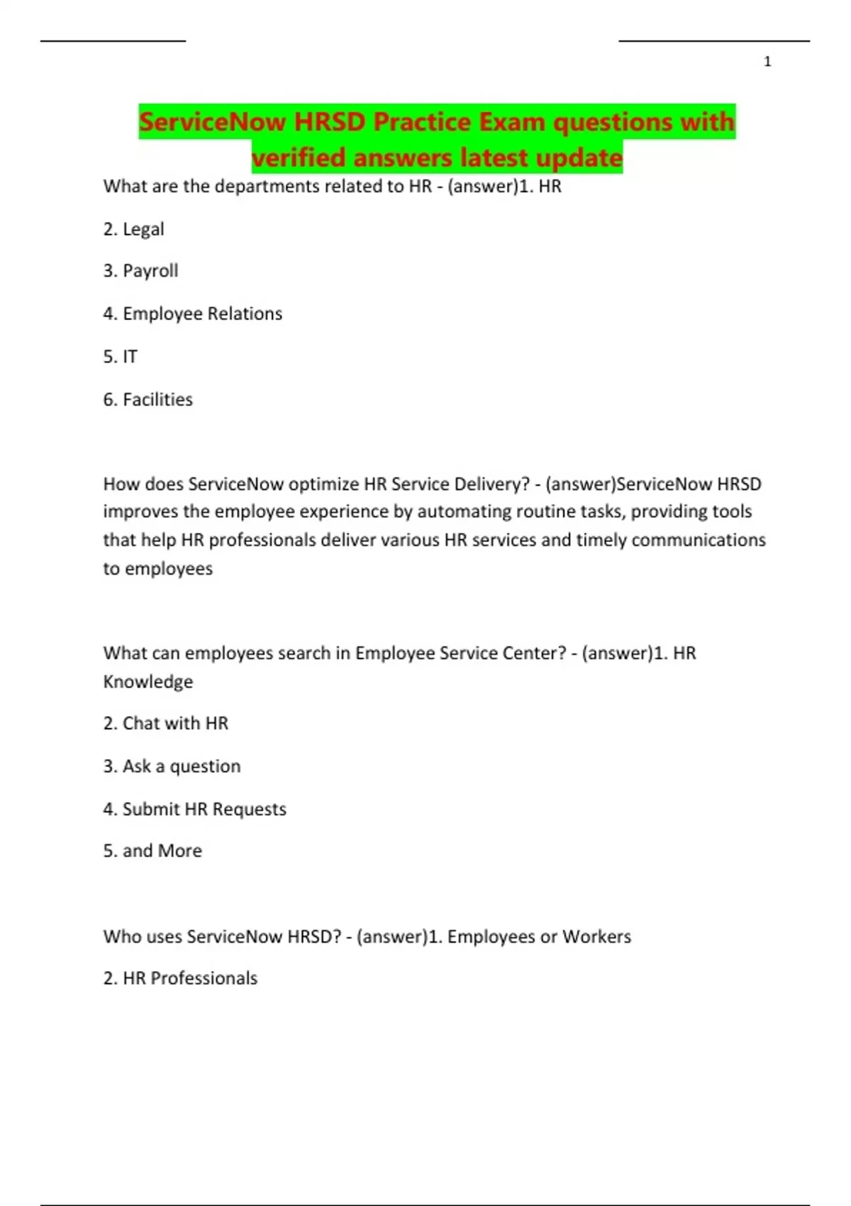 ServiceNow HRSD Practice Exam questions with verified answers latest ...