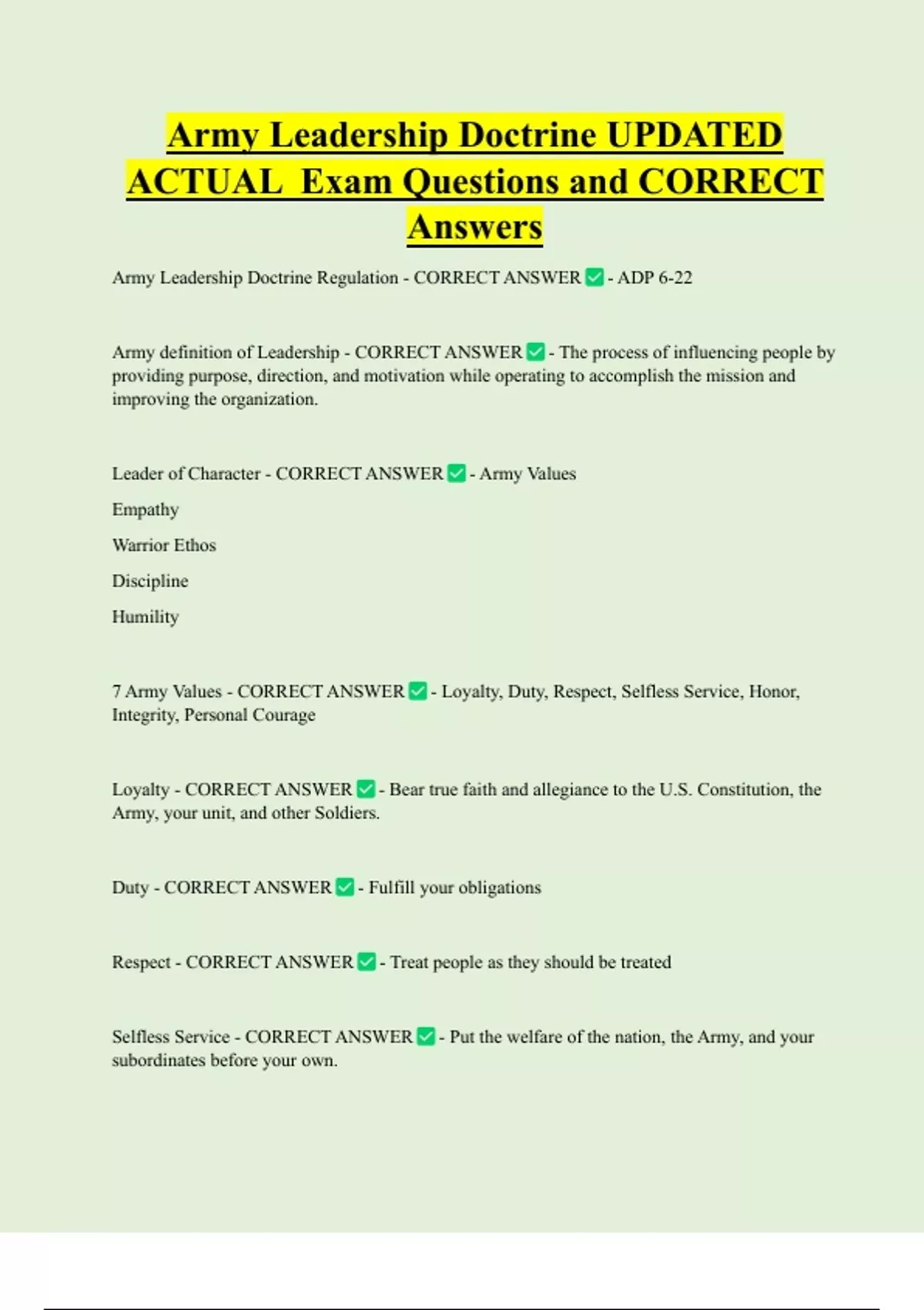Army Leadership Doctrine UPDATED ACTUAL Exam Questions and CORRECT ...