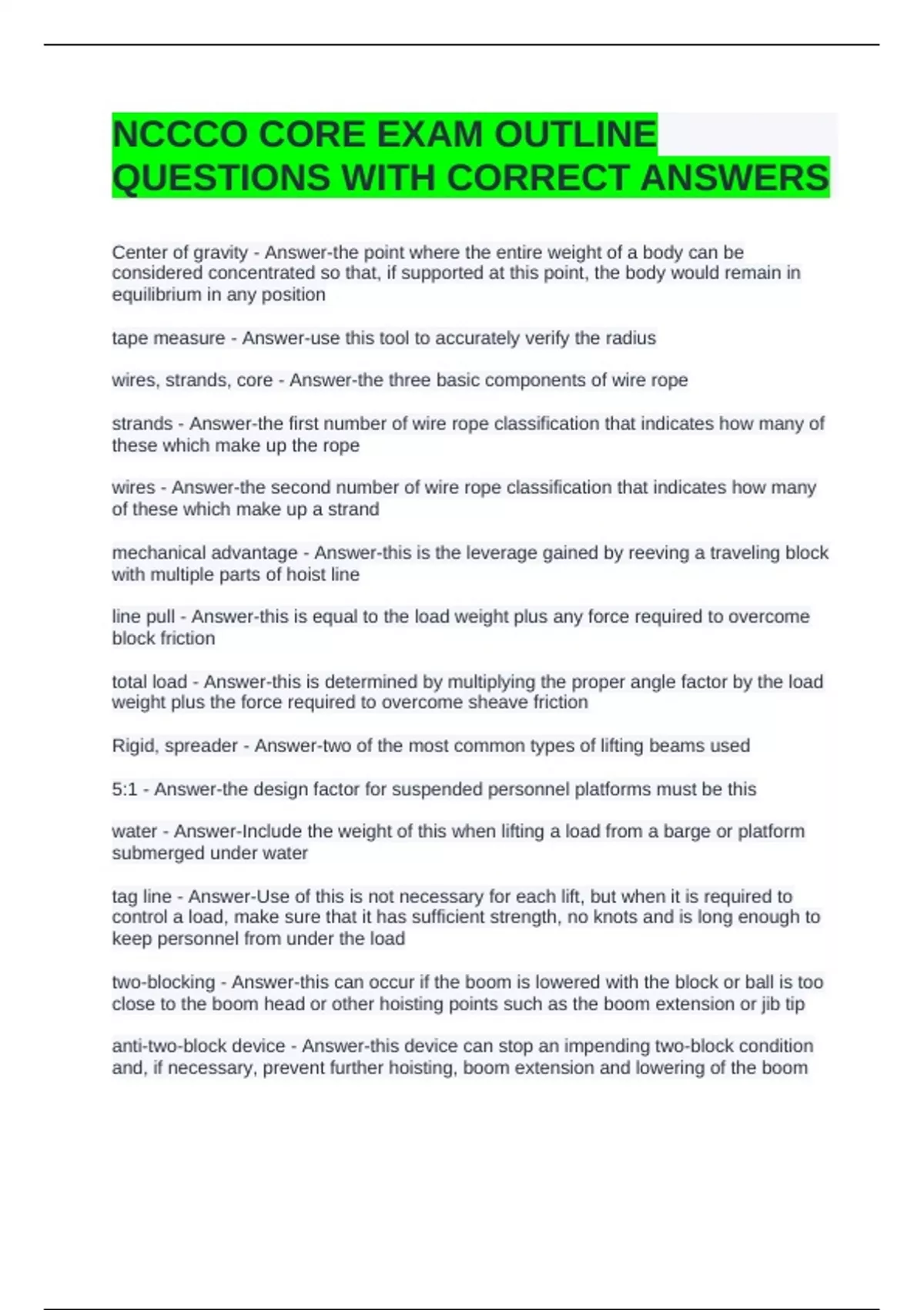 NCCCO CORE EXAM OUTLINE QUESTIONS WITH CORRECT ANSWERS - NCCCO - Stuvia US