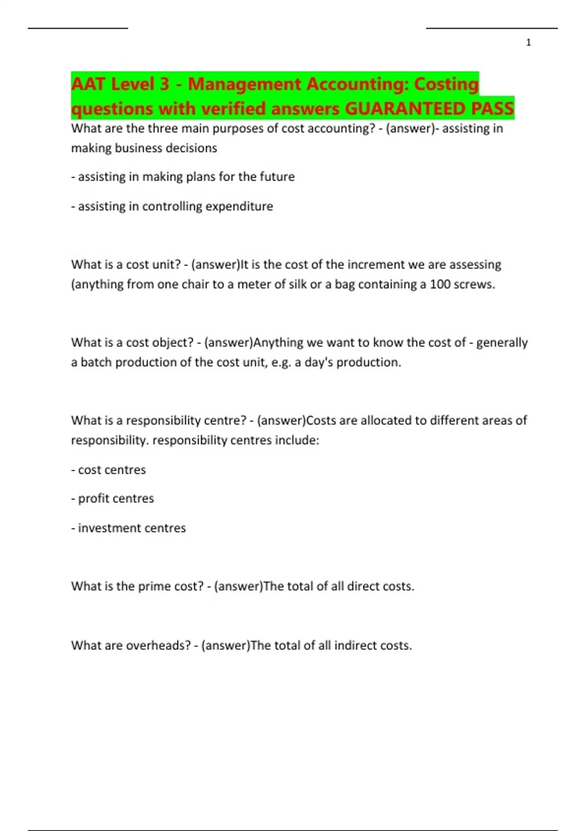 AAT Level 3 - Management Accounting: Costing questions with verified ...