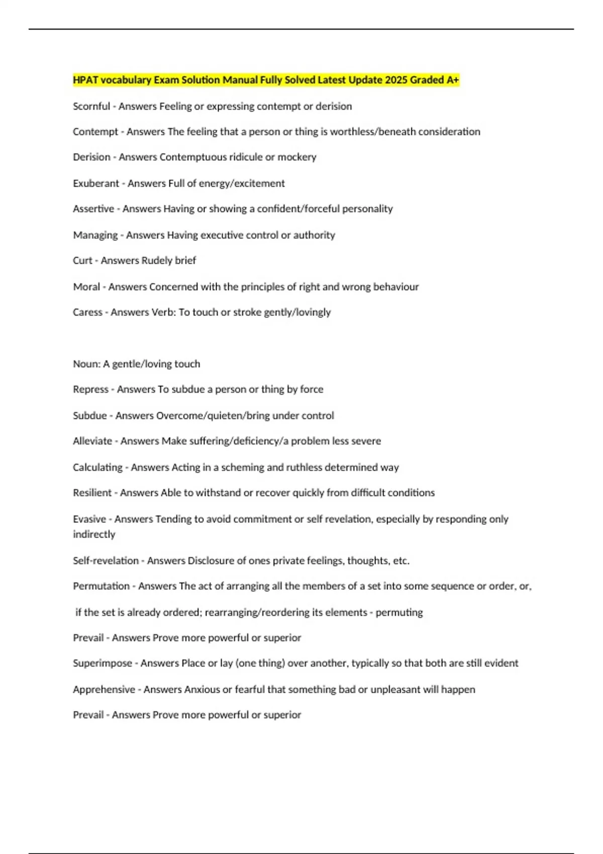 HPAT vocabulary Exam Solution Manual Fully Solved Latest Update 2025 ...