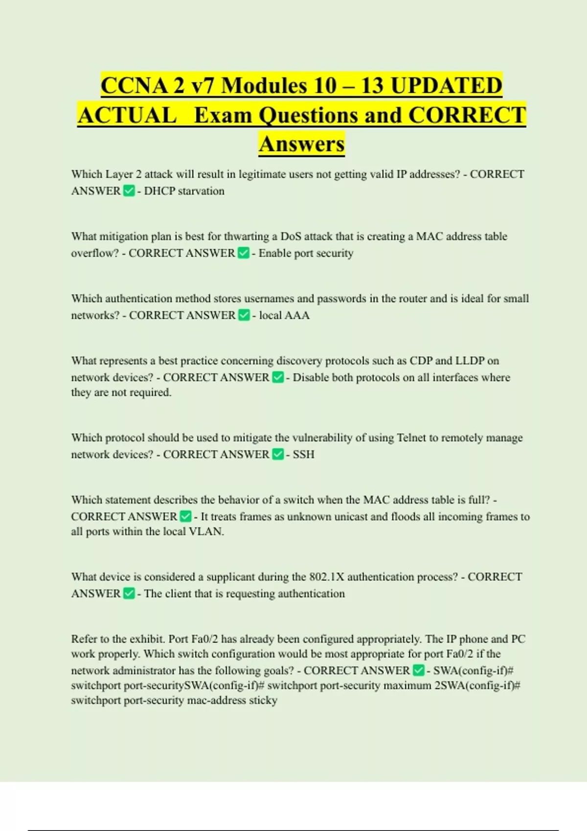 CCNA 2 v7 Modules 10 – 13 UPDATED ACTUAL Exam Questions and CORRECT ...