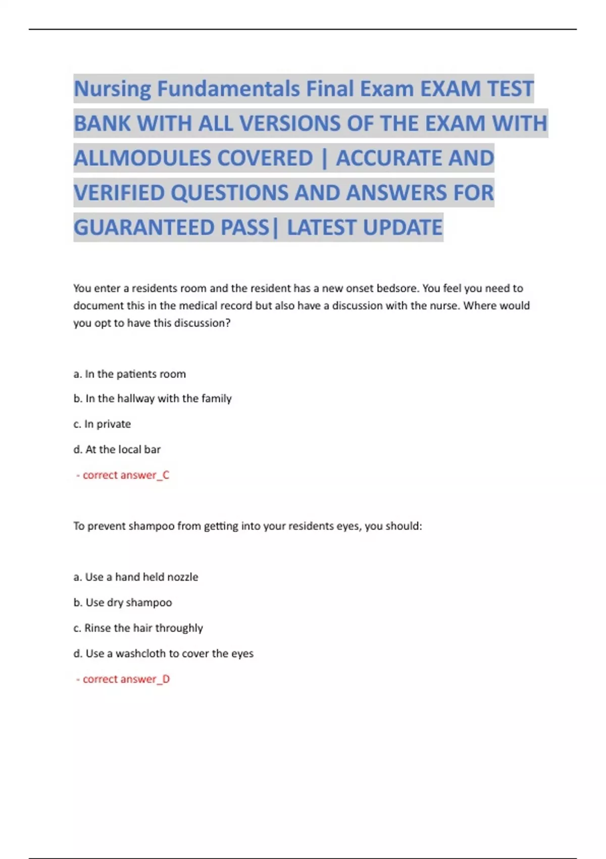 Nursing Fundamentals Final Exam EXAM TEST BANK WITH ALL VERSIONS OF THE ...