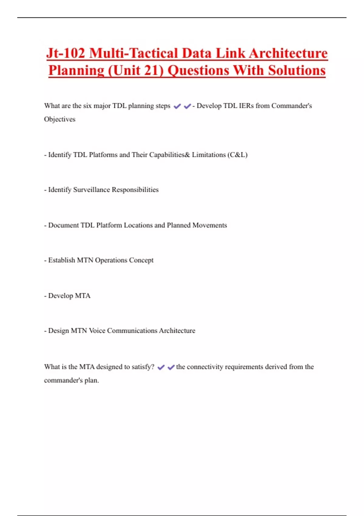 Jt-102 Multi-Tactical Data Link Architecture Planning (Unit 21) Questions With Solutions - Jt ...