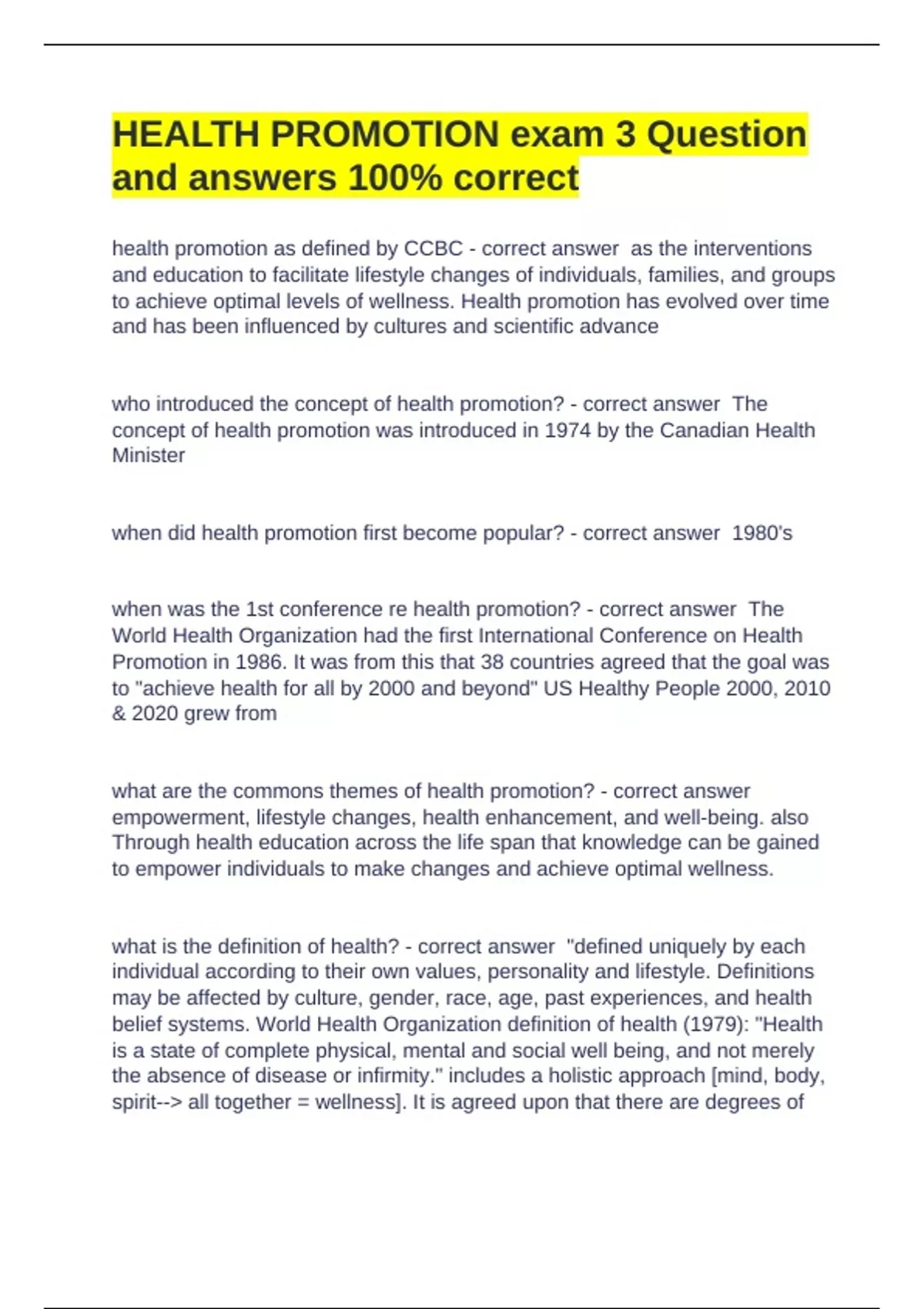 HEALTH PROMOTION exam 3 Stanford University Question and answers 100% ...