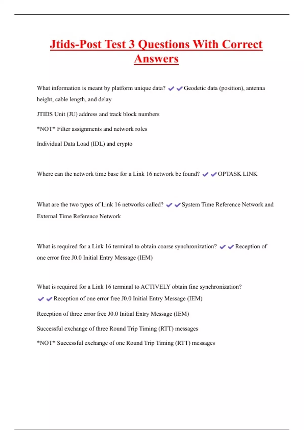 Jtids-Post Test 3 Questions With Correct Answers - JTIDS- - Stuvia US
