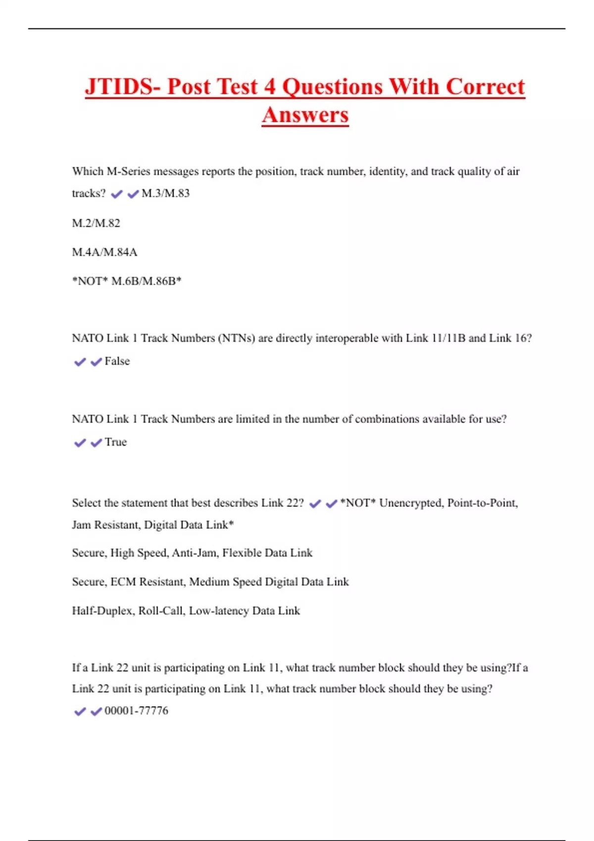 JTIDS- Post Test 4 Questions With Correct Answers - JTIDS- - Stuvia US