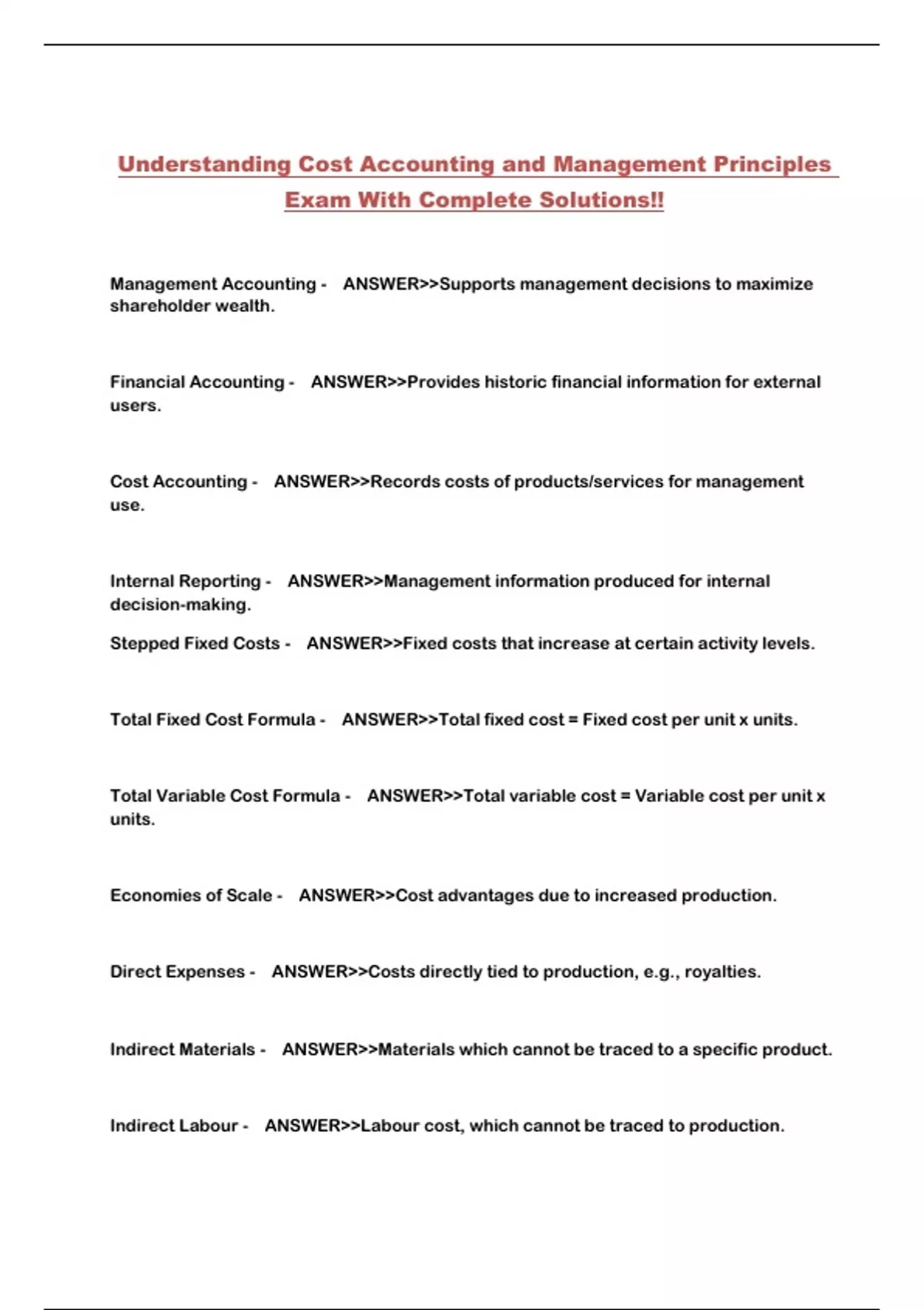 Understanding Cost Accounting and Management Principles Exam With ...