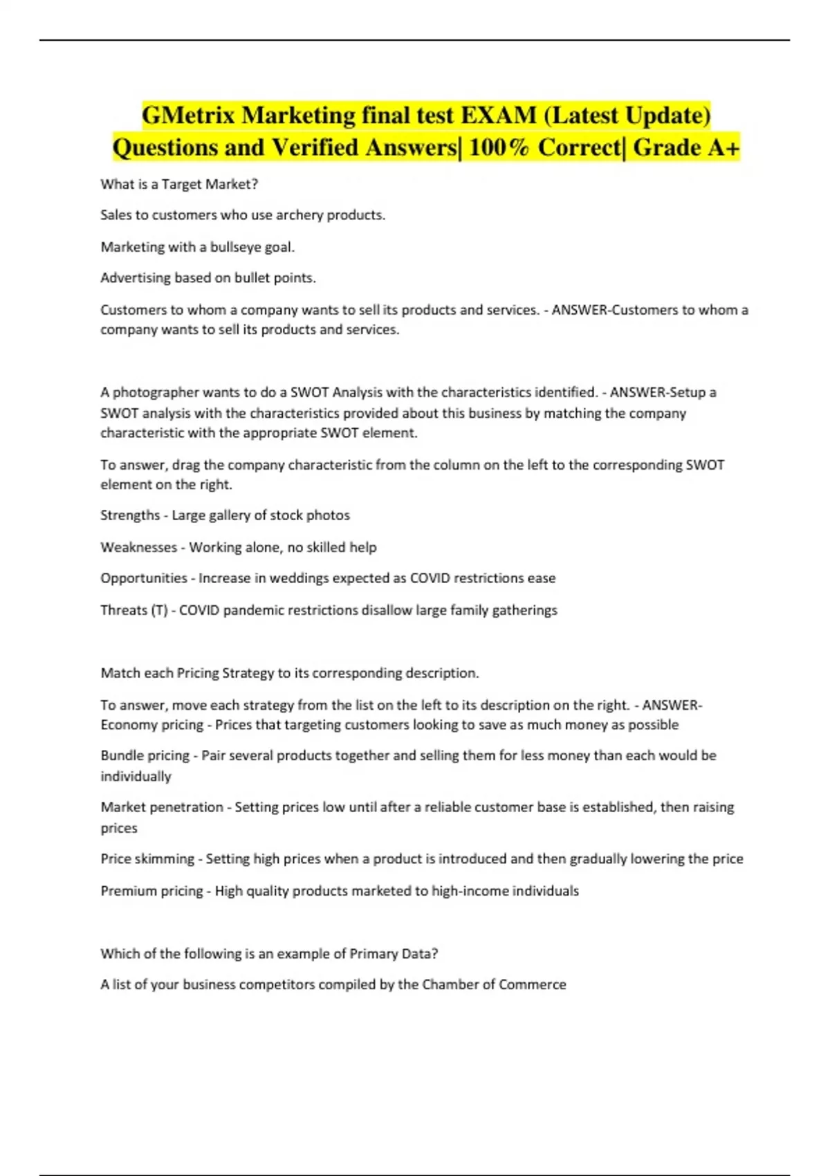 GMetrix Marketing final test EXAM (Latest Update) Questions and ...