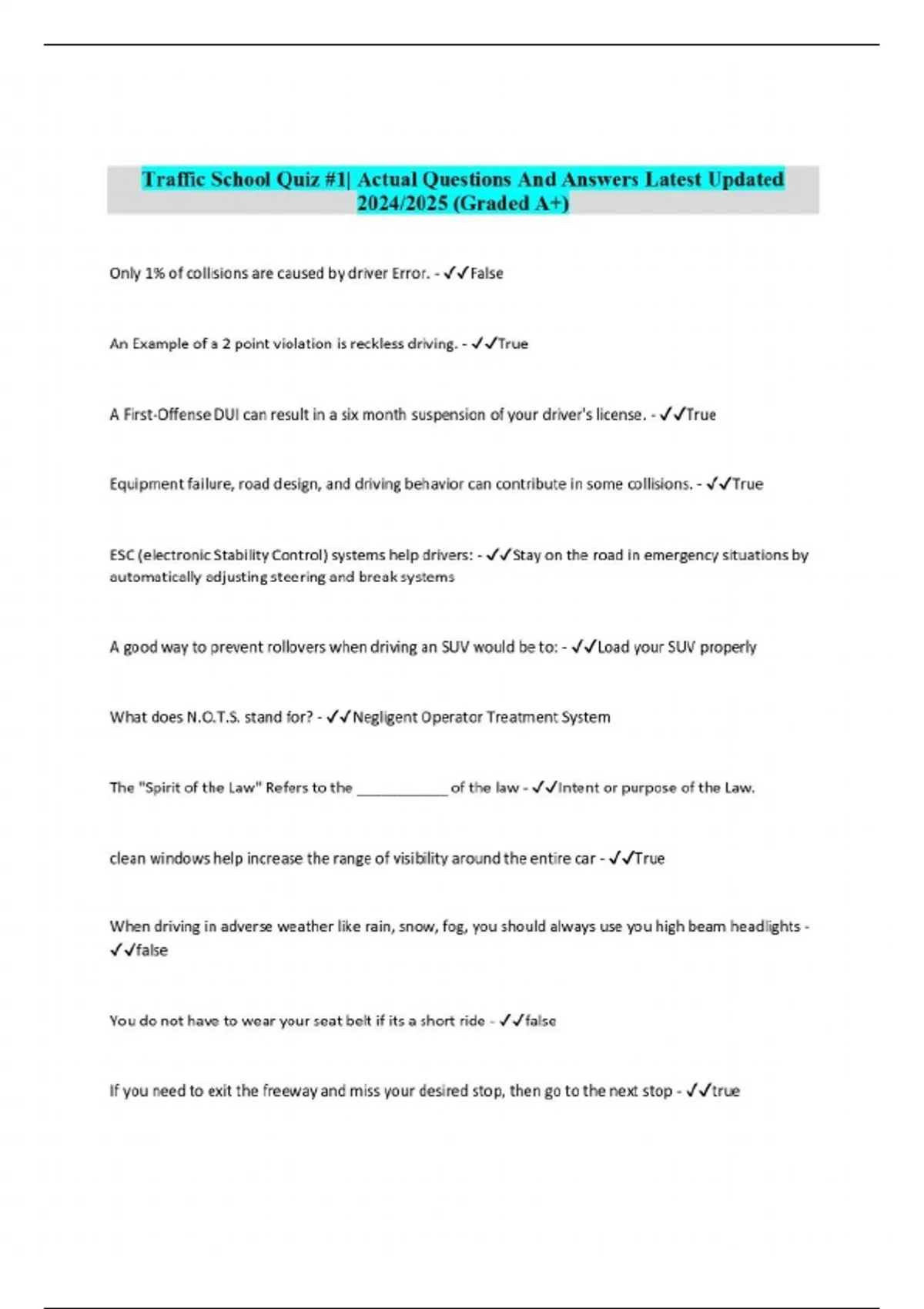 Traffic School Quiz #1| Actual Questions And Answers Latest Updated ...