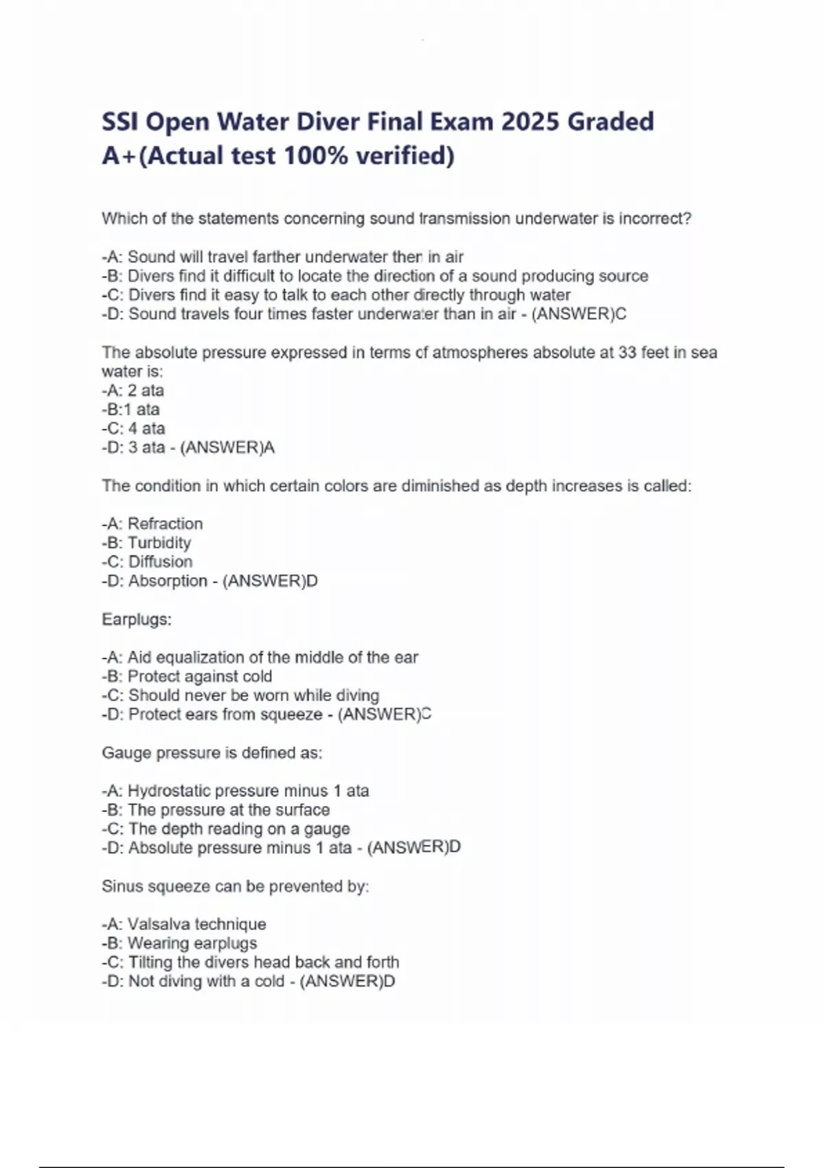 SSI Open Water Diver Final Exam 2025 Graded A+(Actual test 100% ...
