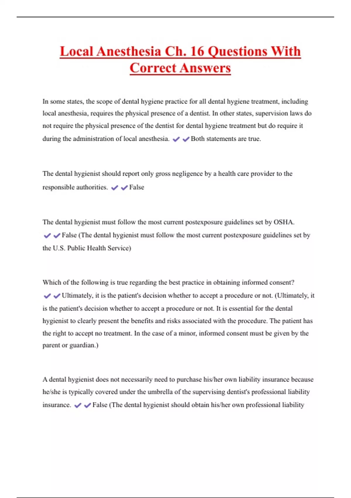 Local Anesthesia Ch. 16 Questions With Correct Answers - Local ...