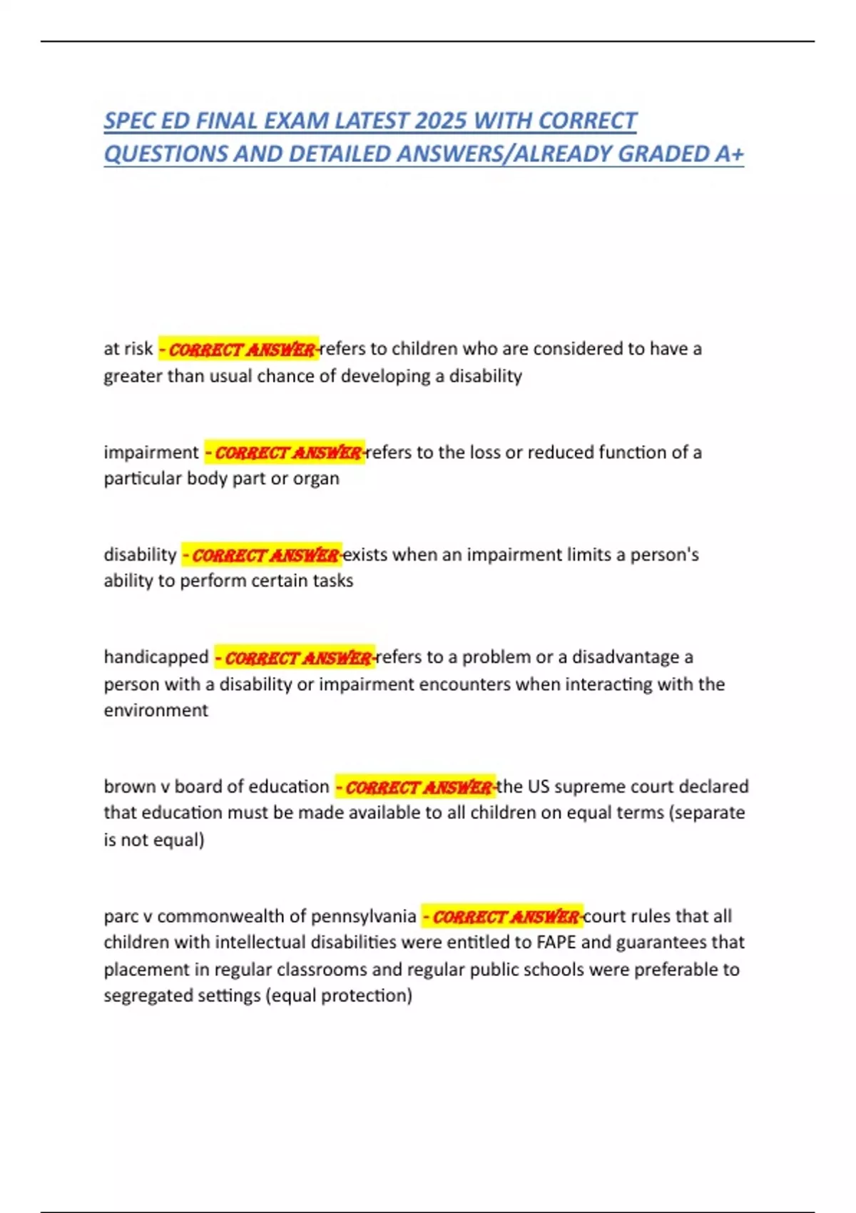 SPEC ED FINAL EXAM LATEST 2025 WITH CORRECT QUESTIONS AND DETAILED ...