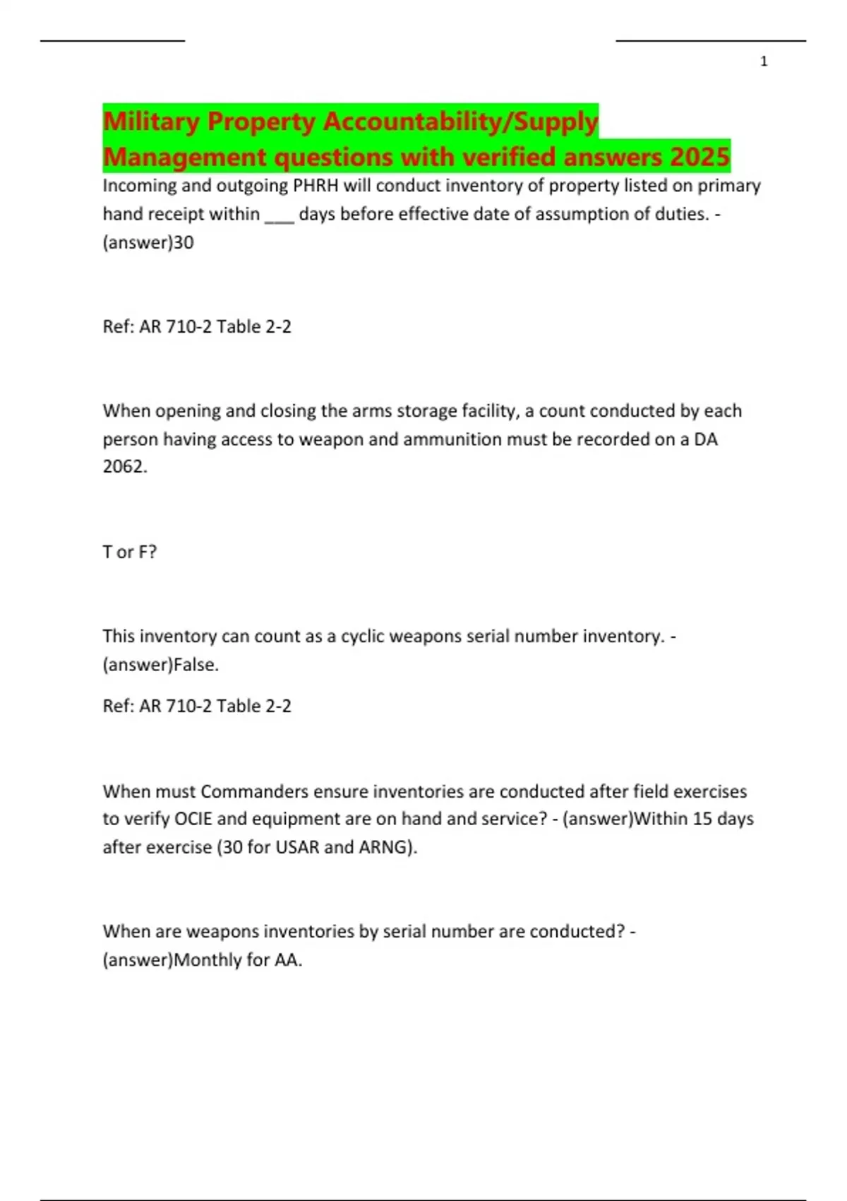 Military Property Accountability/Supply Management questions with ...