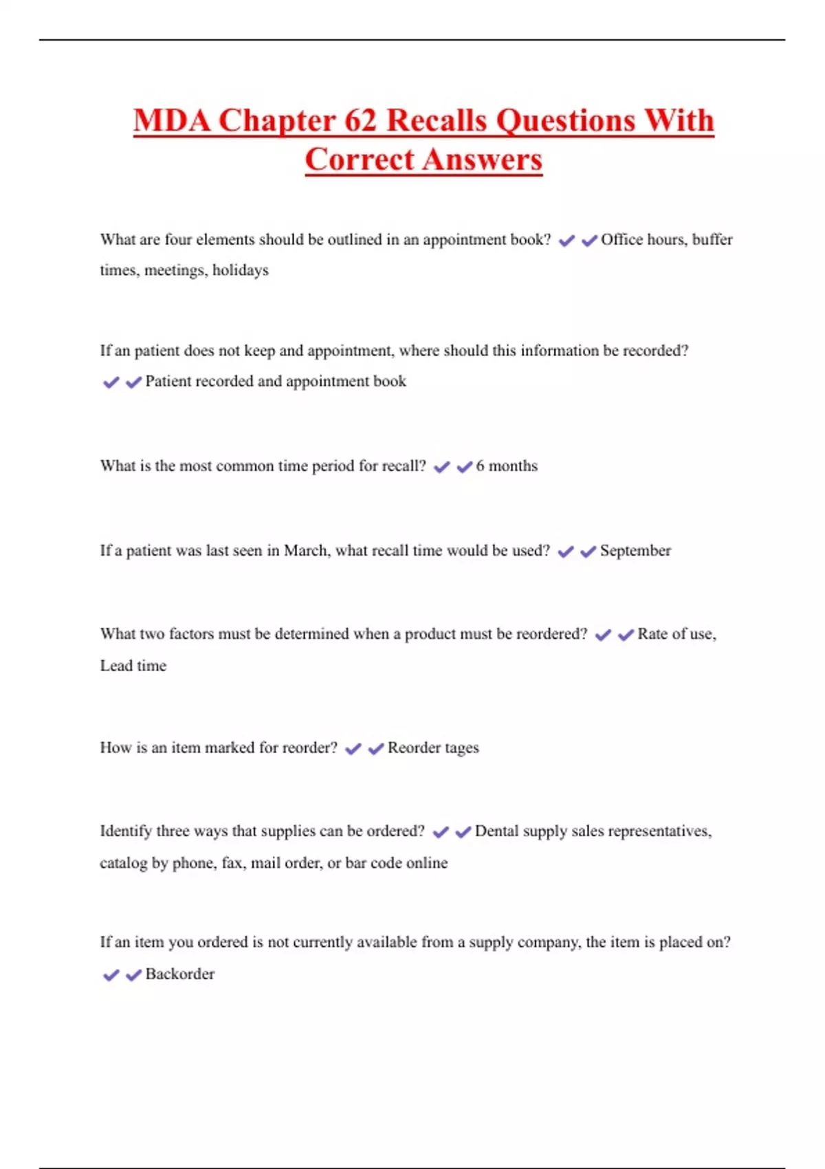 MDA Chapter 62 Recalls Questions With Correct Answers - MDA - Stuvia US