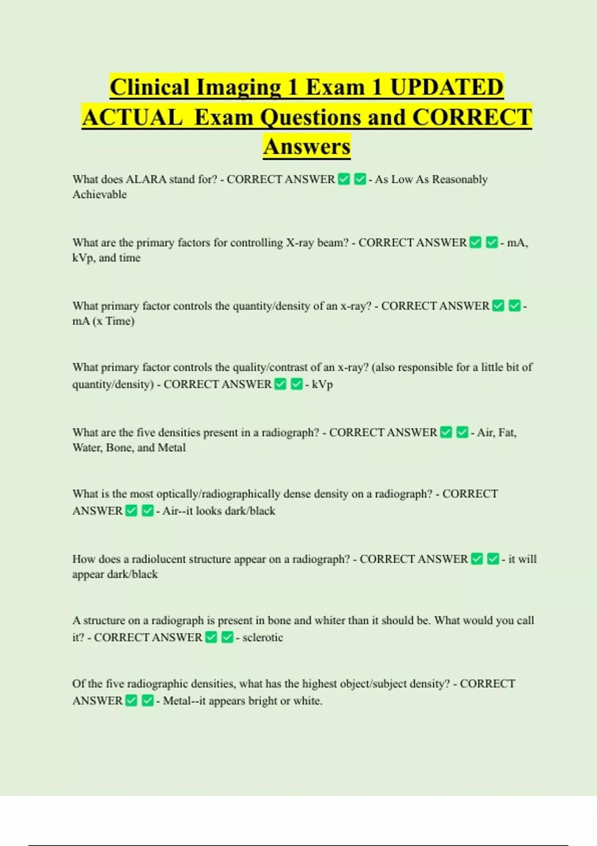 Clinical Imaging 1 Exam 1 UPDATED ACTUAL Exam Questions and CORRECT ...