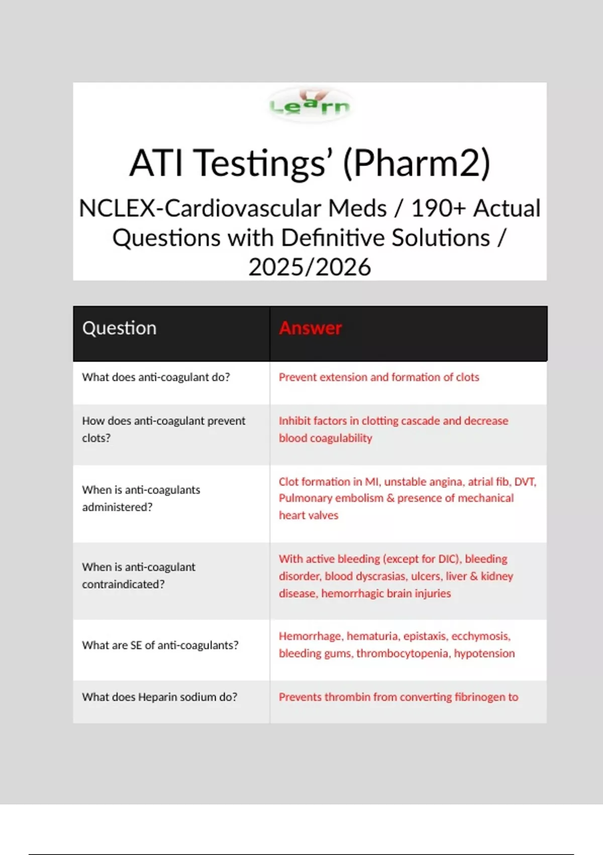 ATI Testings’ (Pharm2) NCLEX-Cardiovascular Meds / 190+ Actual ...