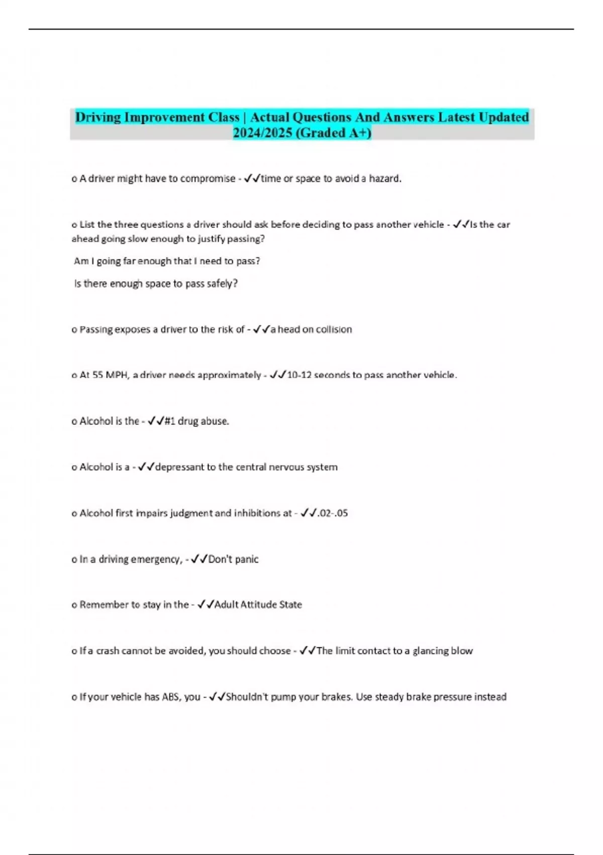 Driving Improvement Class | Actual Questions And Answers Latest Updated ...
