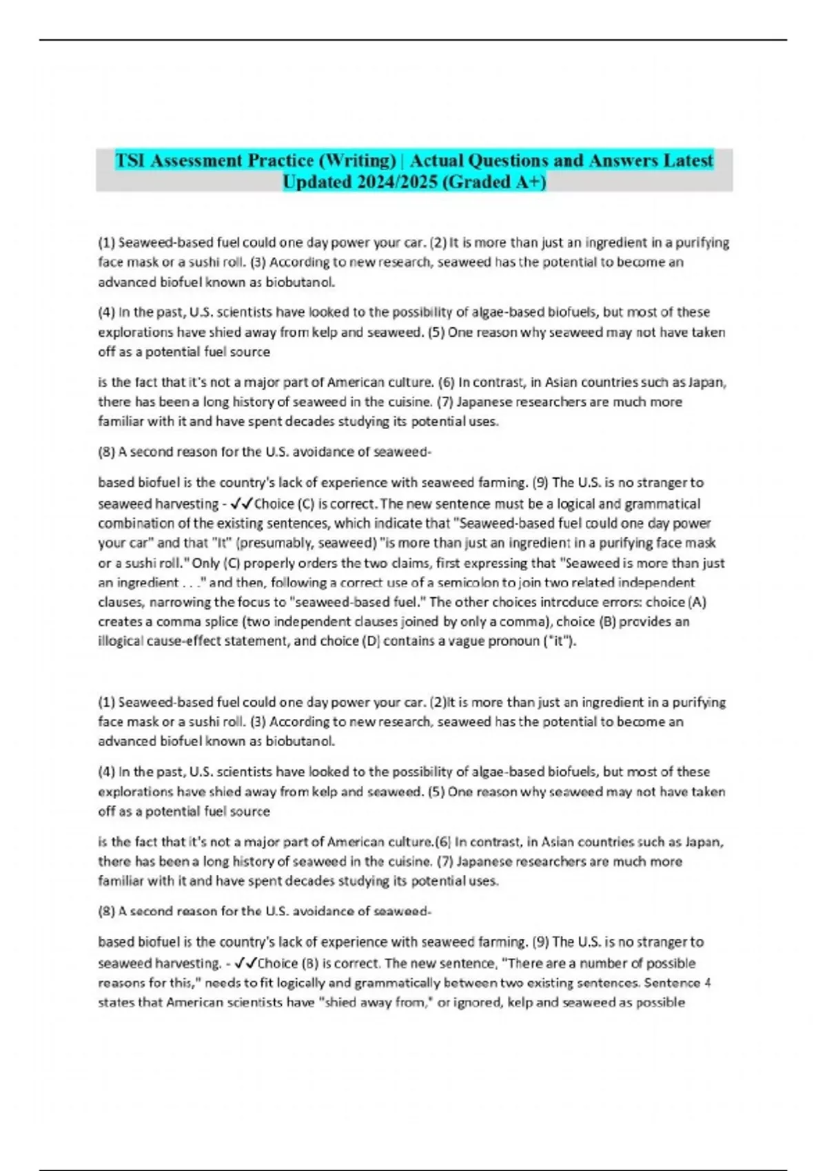 TSI Assessment Practice (Writing) | Actual Questions and Answers Latest ...