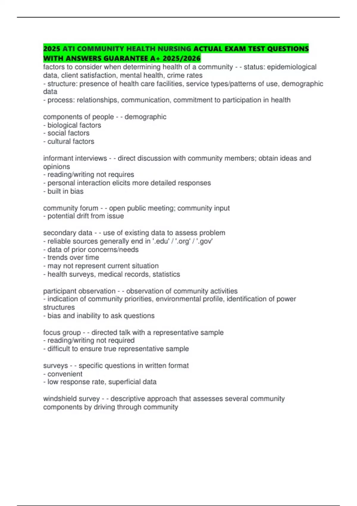 2025 ATI COMMUNITY HEALTH NURSING ACTUAL EXAM TEST QUESTIONS WITH ...
