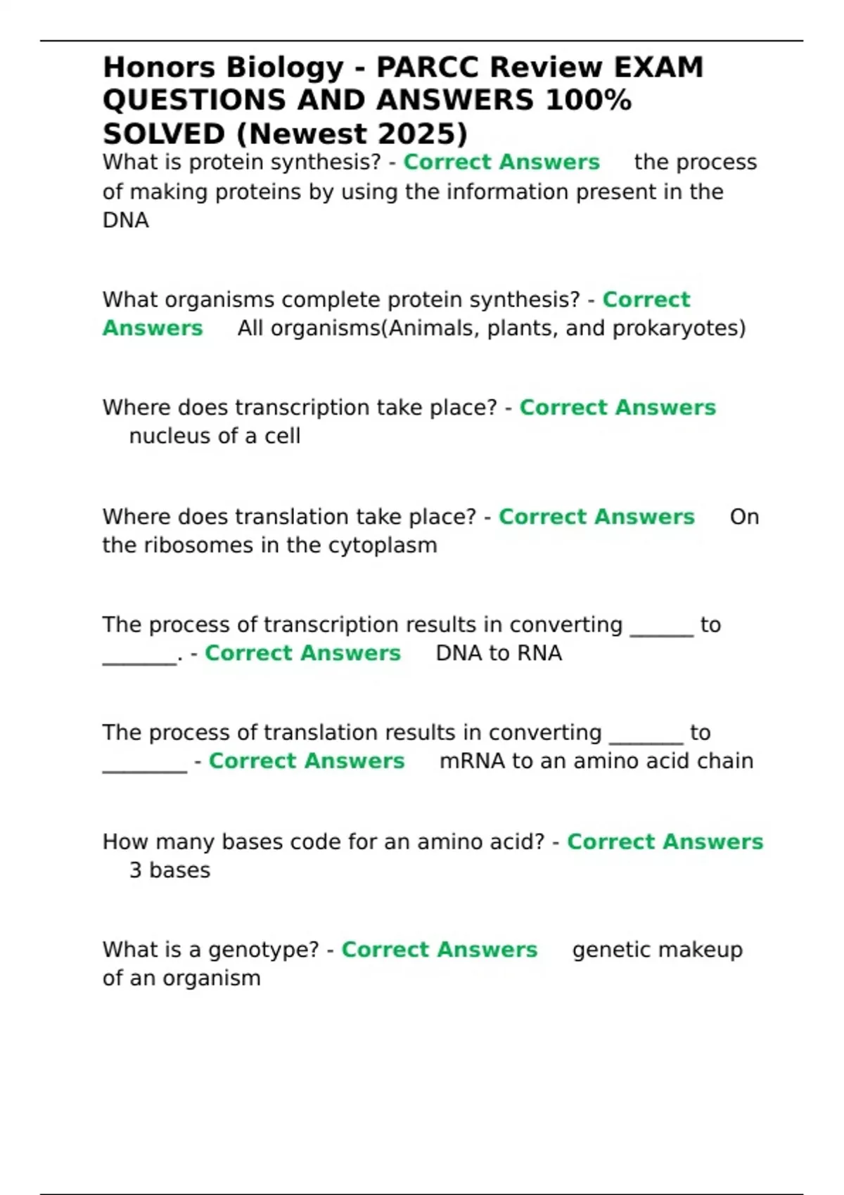 Honors Biology - PARCC Review EXAM QUESTIONS AND ANSWERS 100- SOLVED ...