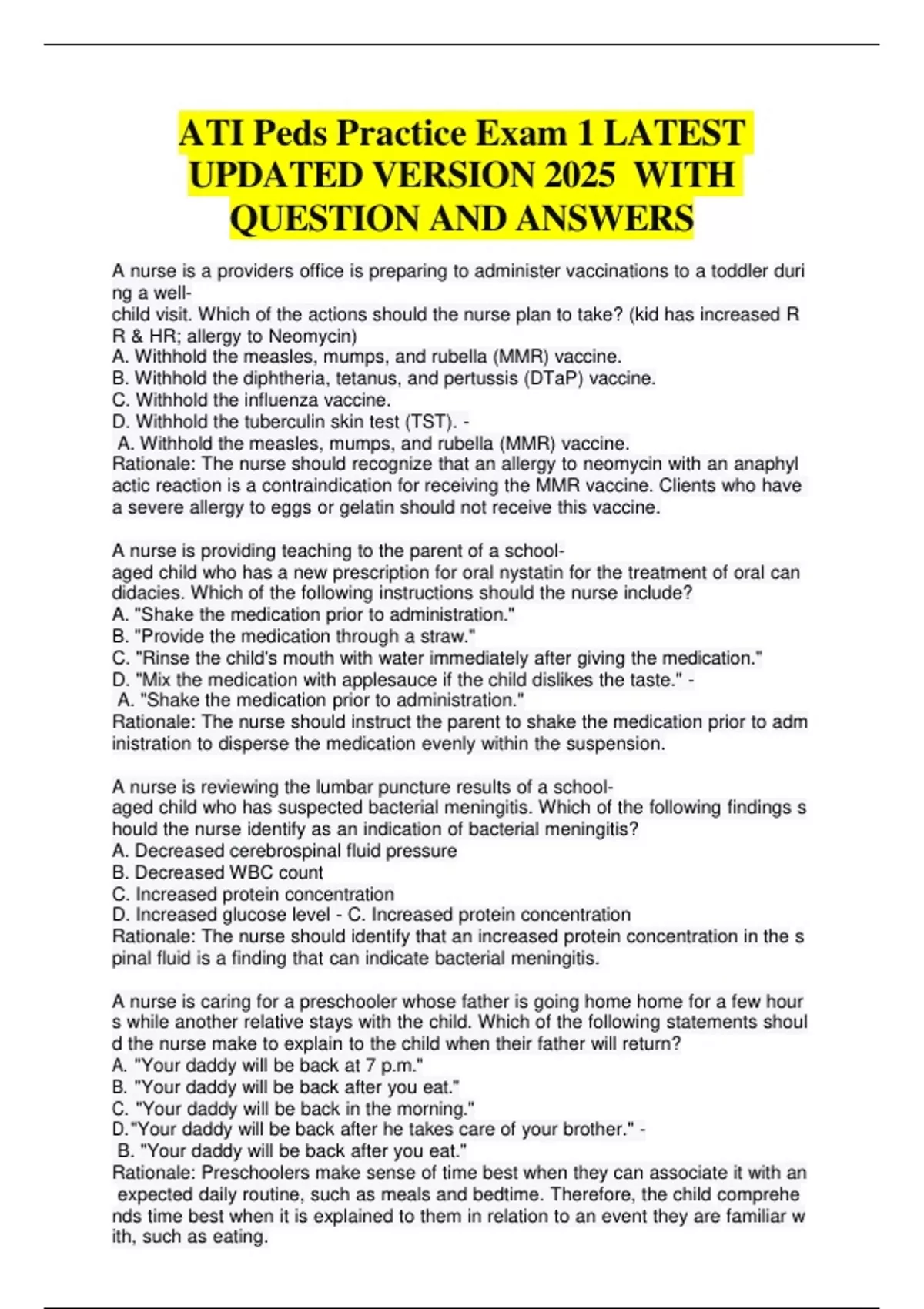 ATI Peds Practice Exam 1 LATEST UPDATED VERSION 2025 WITH QUESTION AND ...