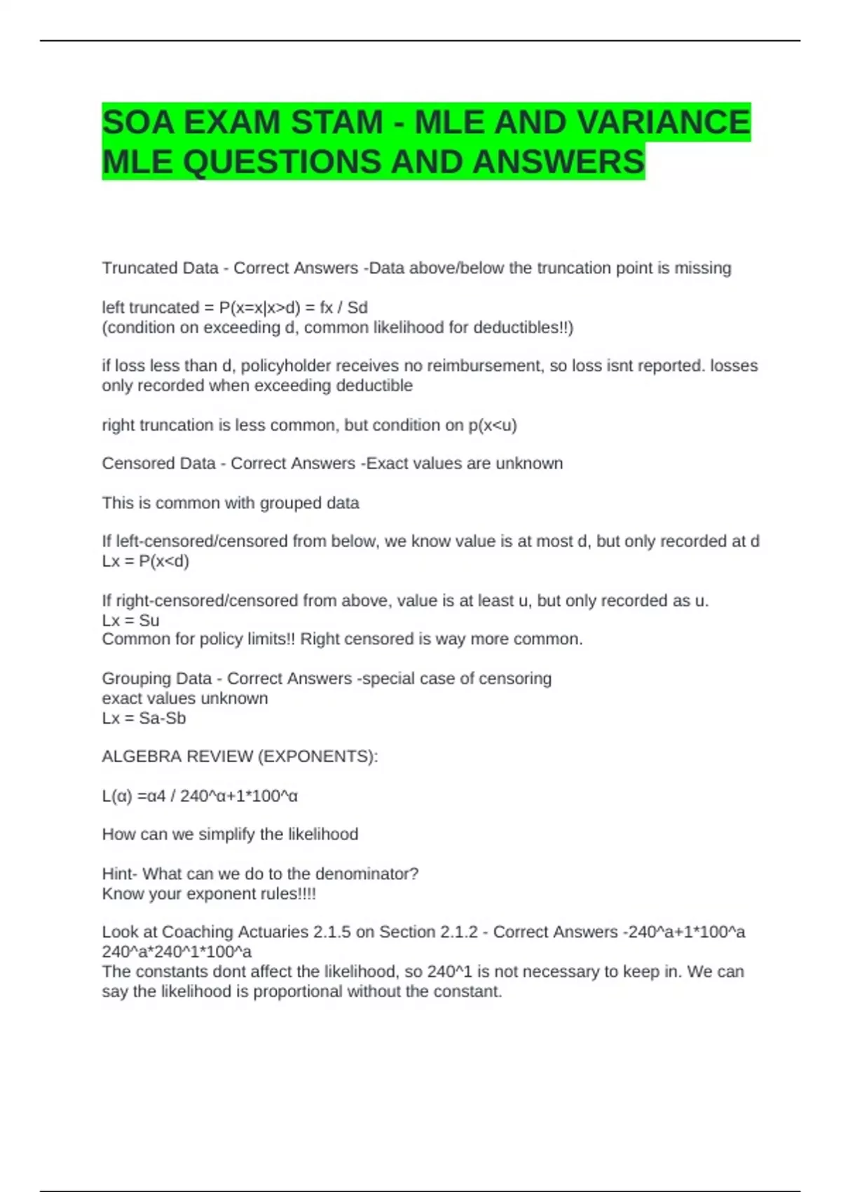 SOA EXAM STAM - MLE AND VARIANCE MLE QUESTIONS AND ANSWERS - SOA - Stuvia US