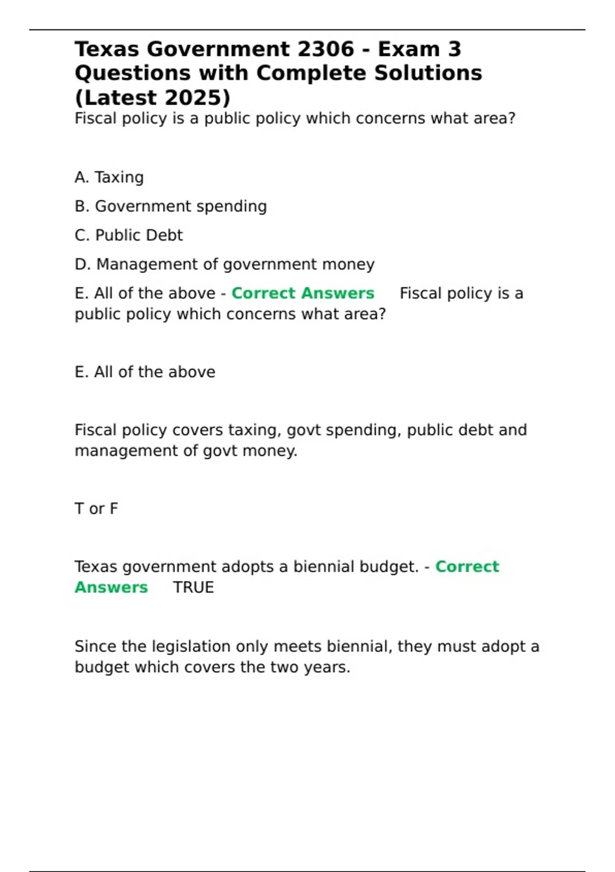 Texas Government 2306 - Exam 3 Questions with Complete Solutions ...
