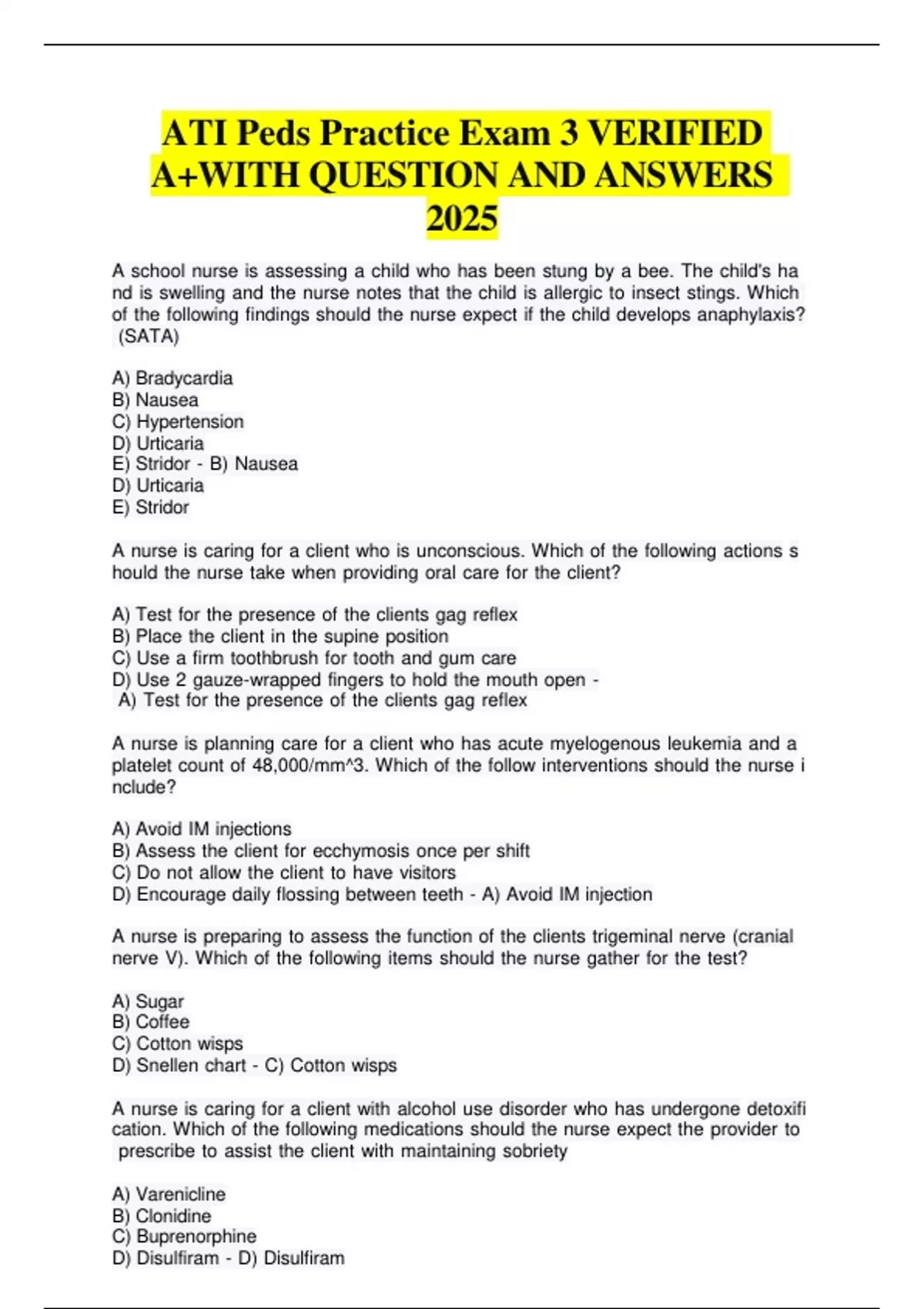 ATI Peds Practice Exam 3 VERIFIED A+WITH QUESTION AND ANSWERS 2025 ...