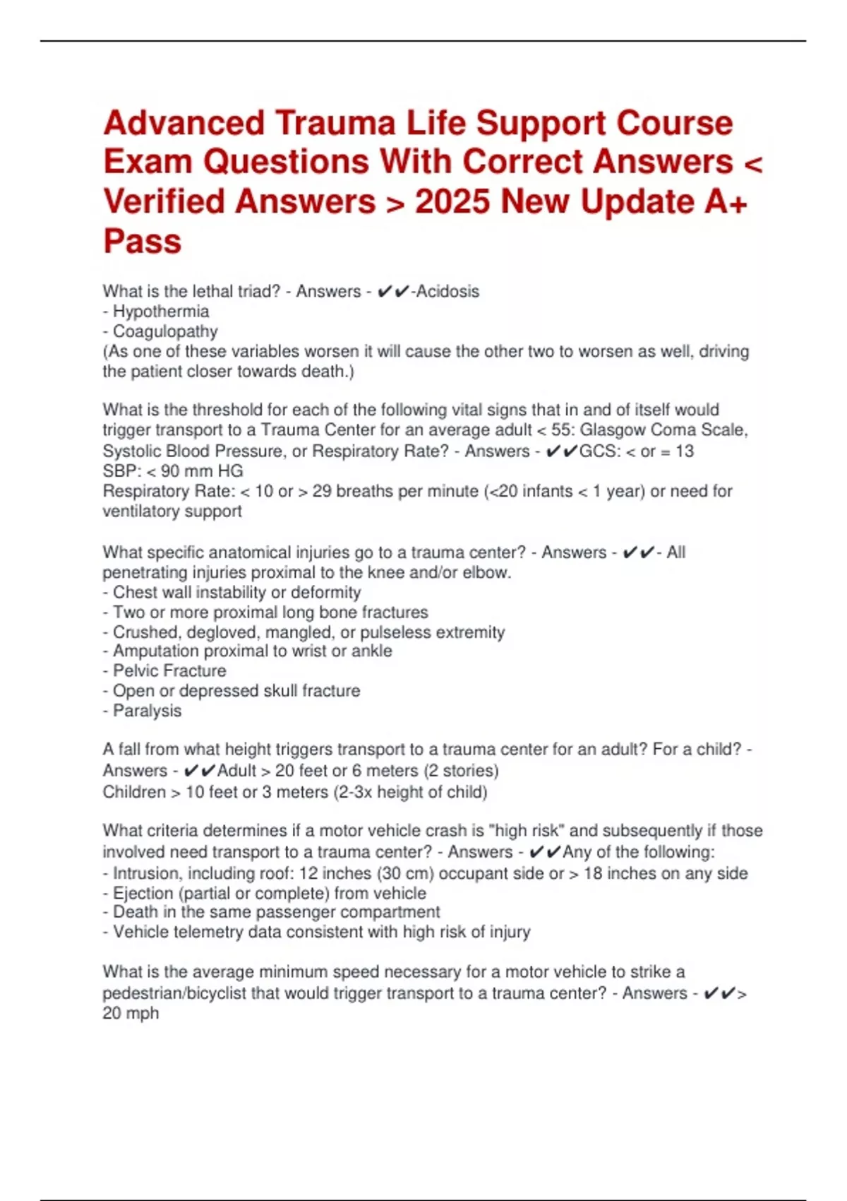 Advanced Trauma Life Support Course Exam Questions With Correct Answers ...