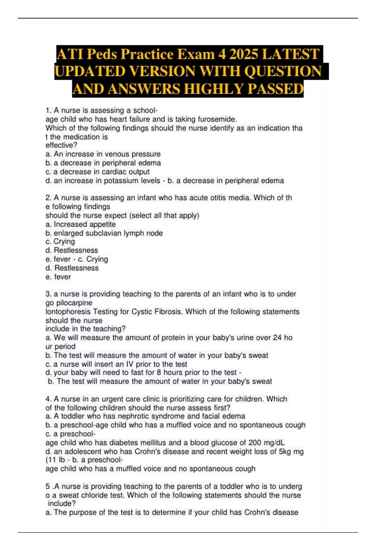 ATI Peds Practice Exam 4 2025 LATEST UPDATED VERSION WITH QUESTION AND ...