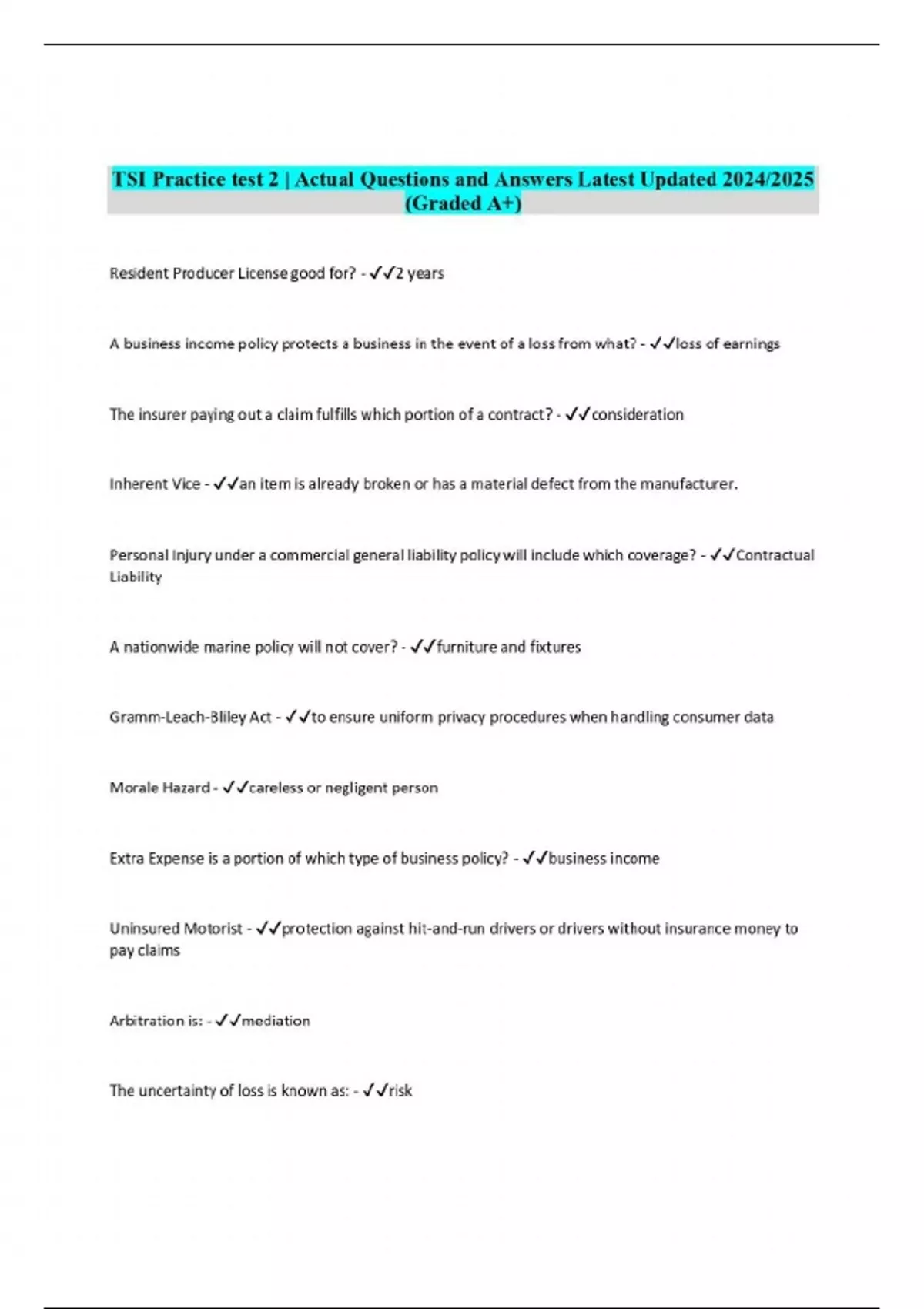 TSI Practice test 2 | Actual Questions and Answers Latest Updated 2024/ ...