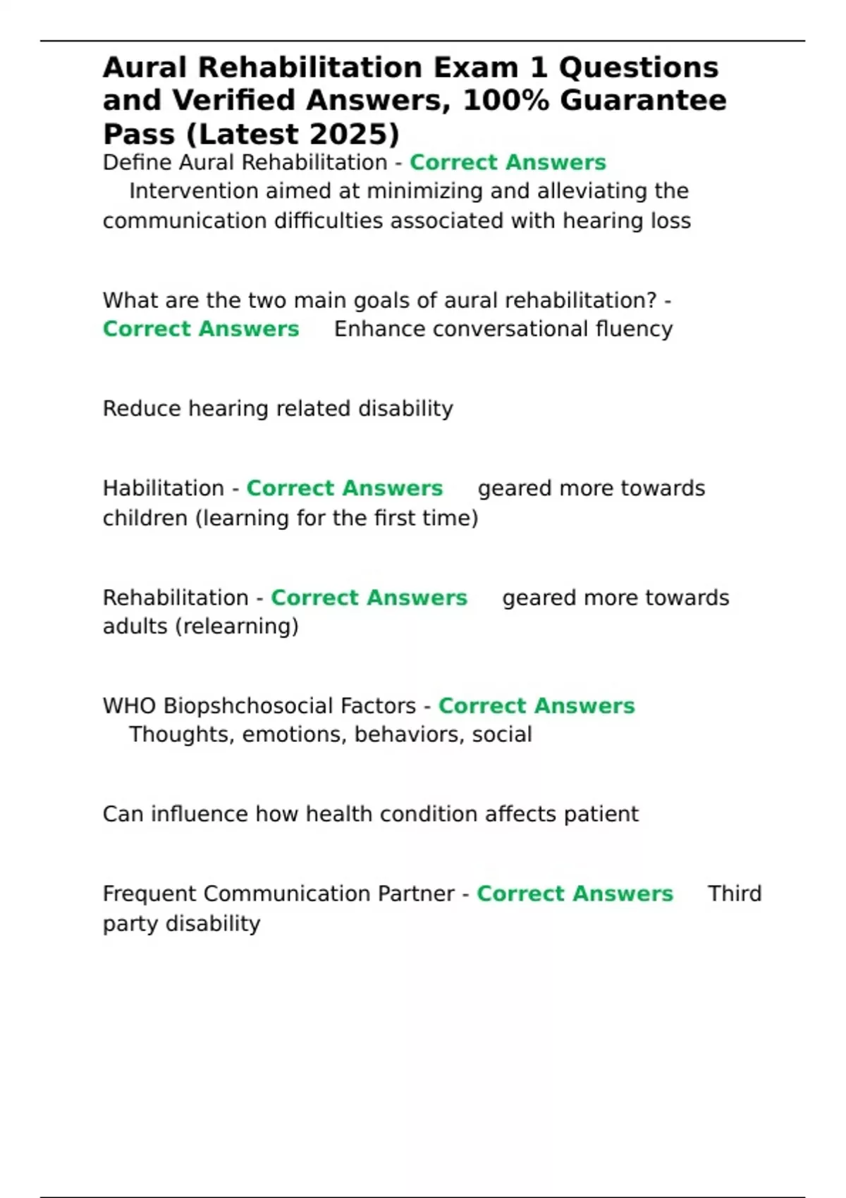 Aural Rehabilitation Exam 1 Questions and Verified Answers, 100 ...
