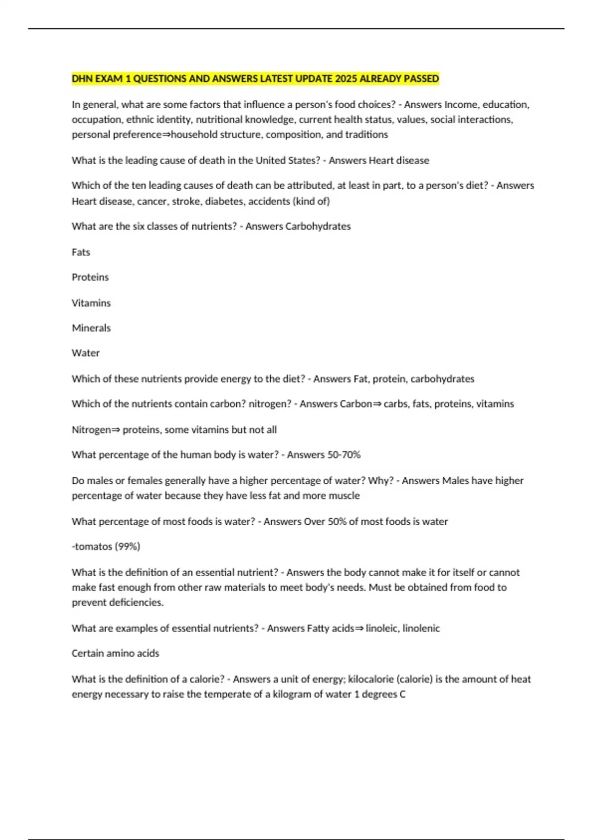 DHN EXAM 1 QUESTIONS AND ANSWERS LATEST UPDATE 2025 ALREADY PASSED ...