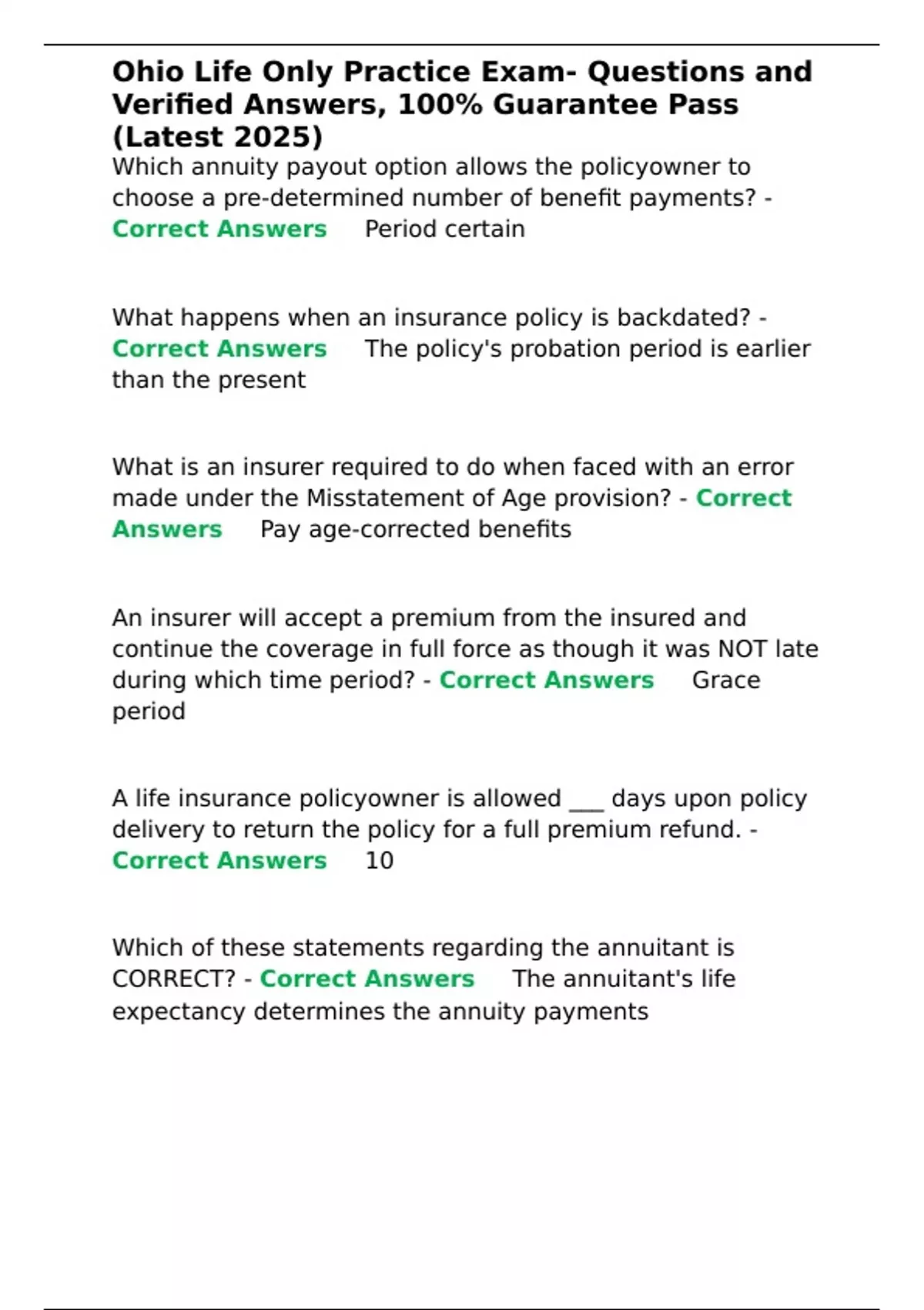 Ohio Life Only Practice Exam- Questions and Verified Answers, 100 ...