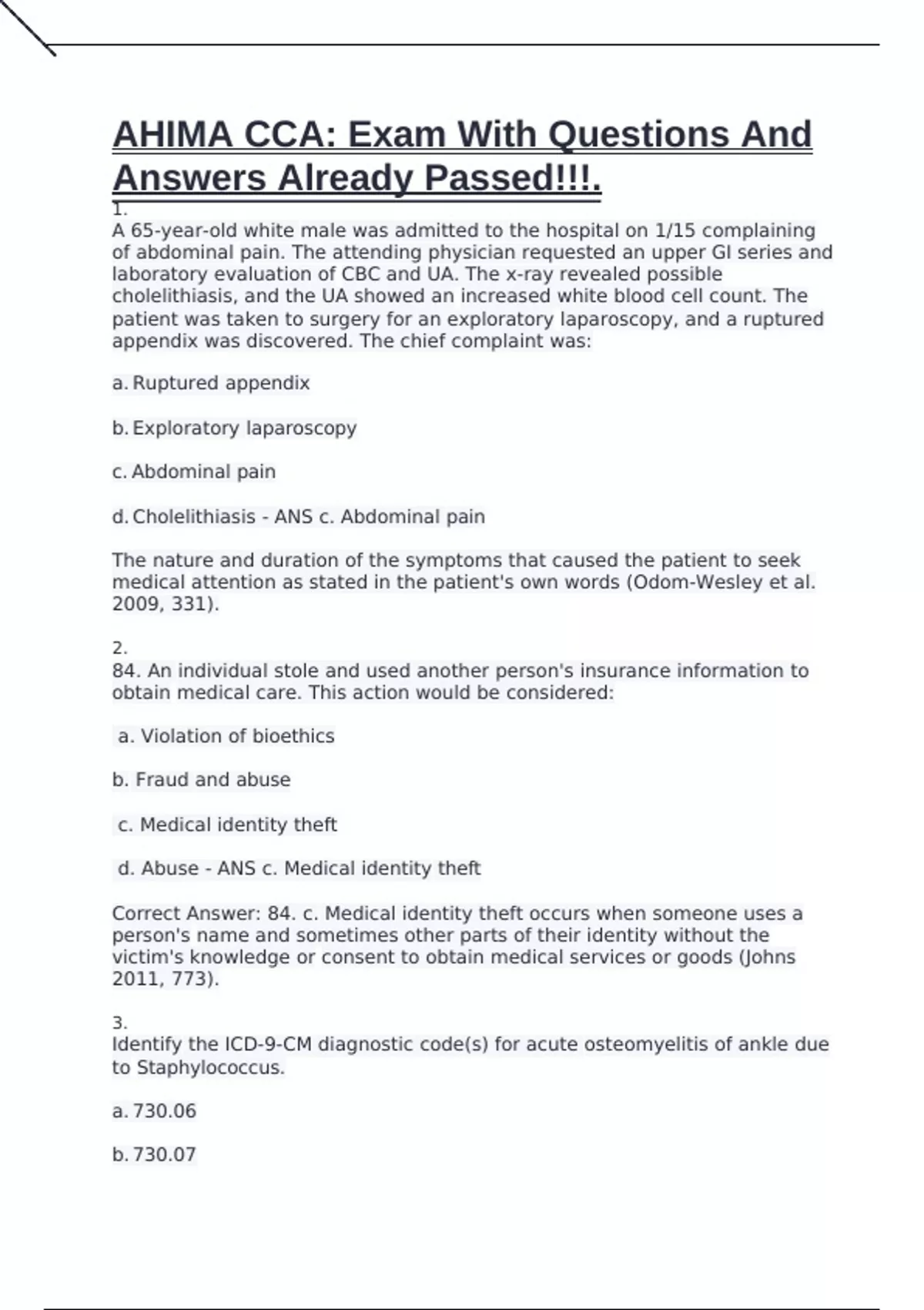 AHIMA CCA:EXAM WITH QUESTIONS AND 100% CORRECT ANSWERS 2025 UPDATE ...