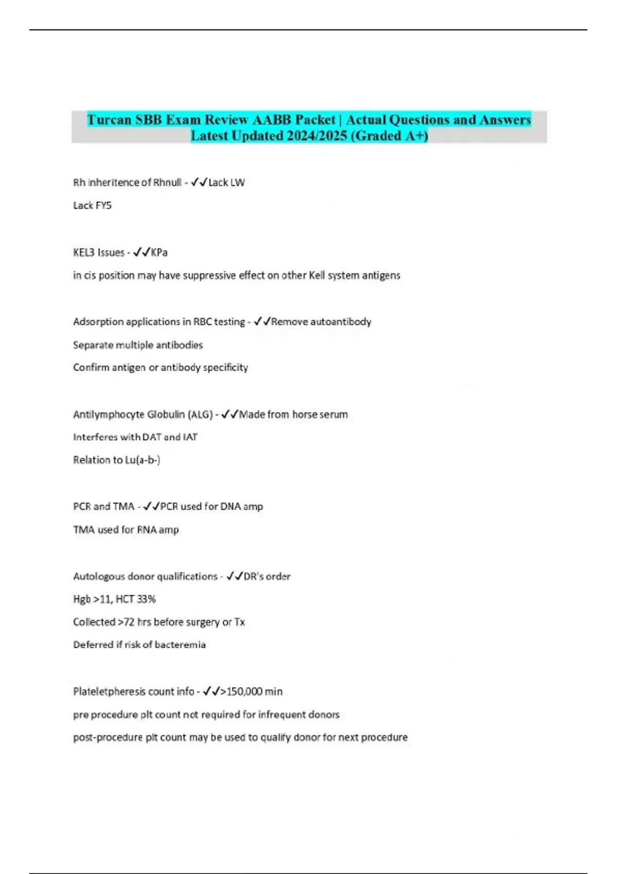 Turcan SBB Exam Review AABB Packet | Actual Questions and Answers ...