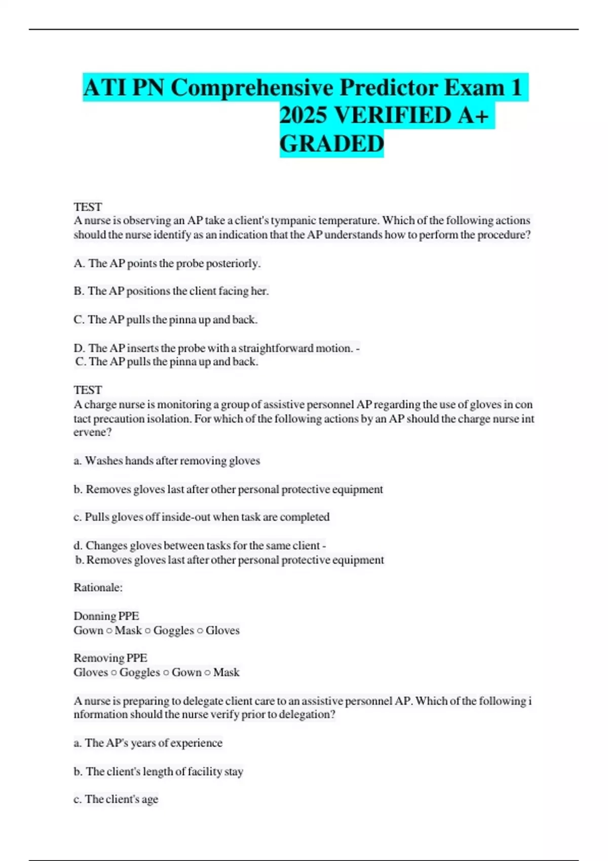 ATI PN Comprehensive Predictor Exam 1 2025 VERIFIED A+ GRADED - ATI PN ...