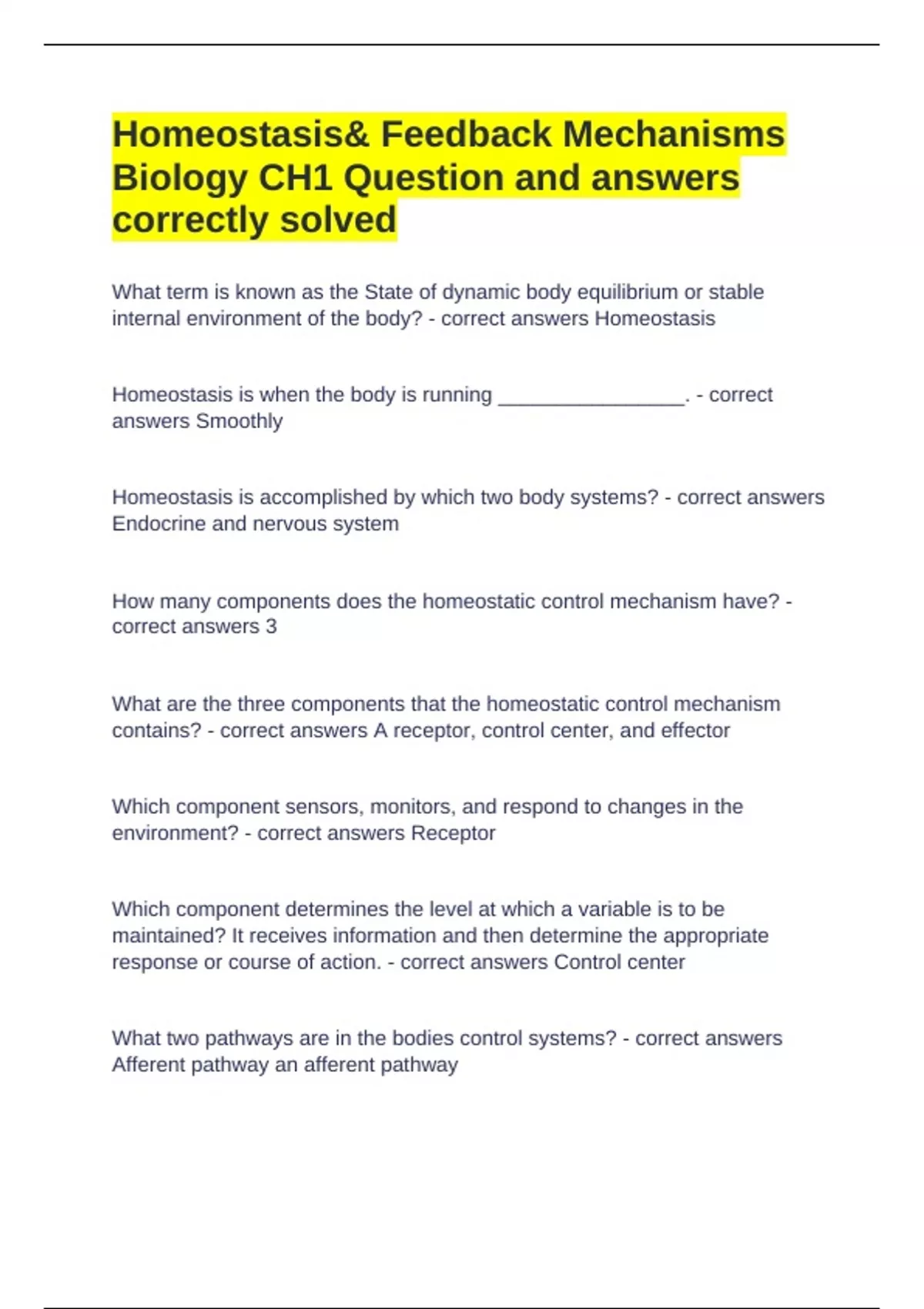 Homeostasis& Feedback Mechanisms Biology CH1 Question and answers ...