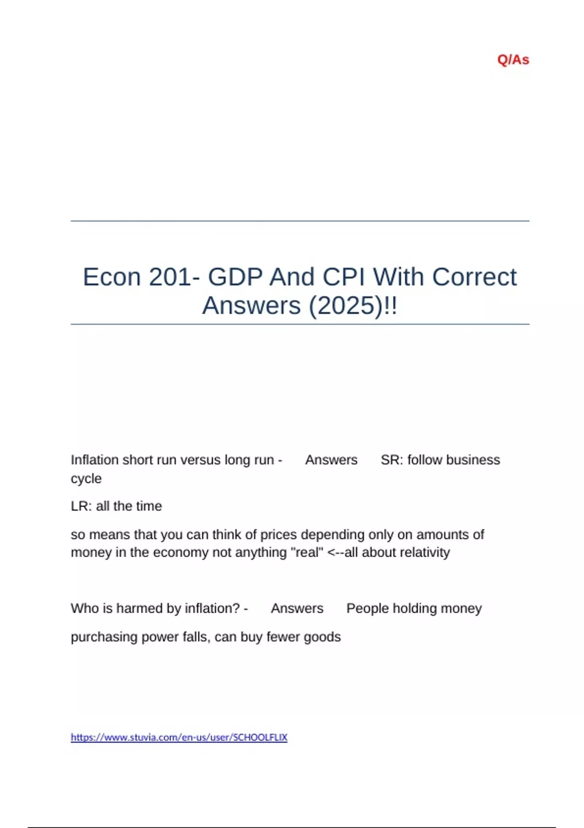Econ 201- GDP And CPI With Correct Answers (2025)!! - Econ 201 - Stuvia US