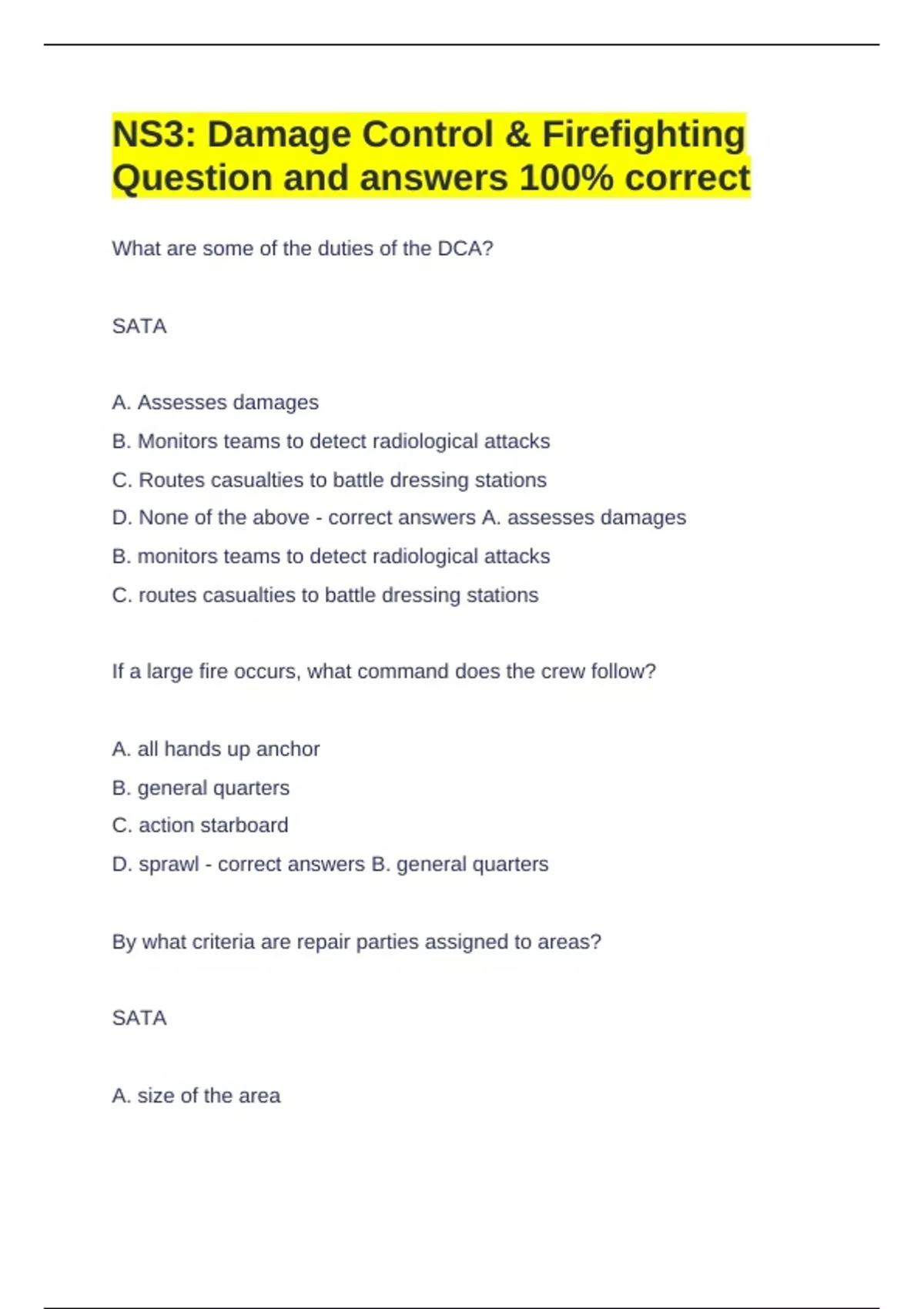 NS3: Damage Control & Firefighting Question and answers 100% correct ...