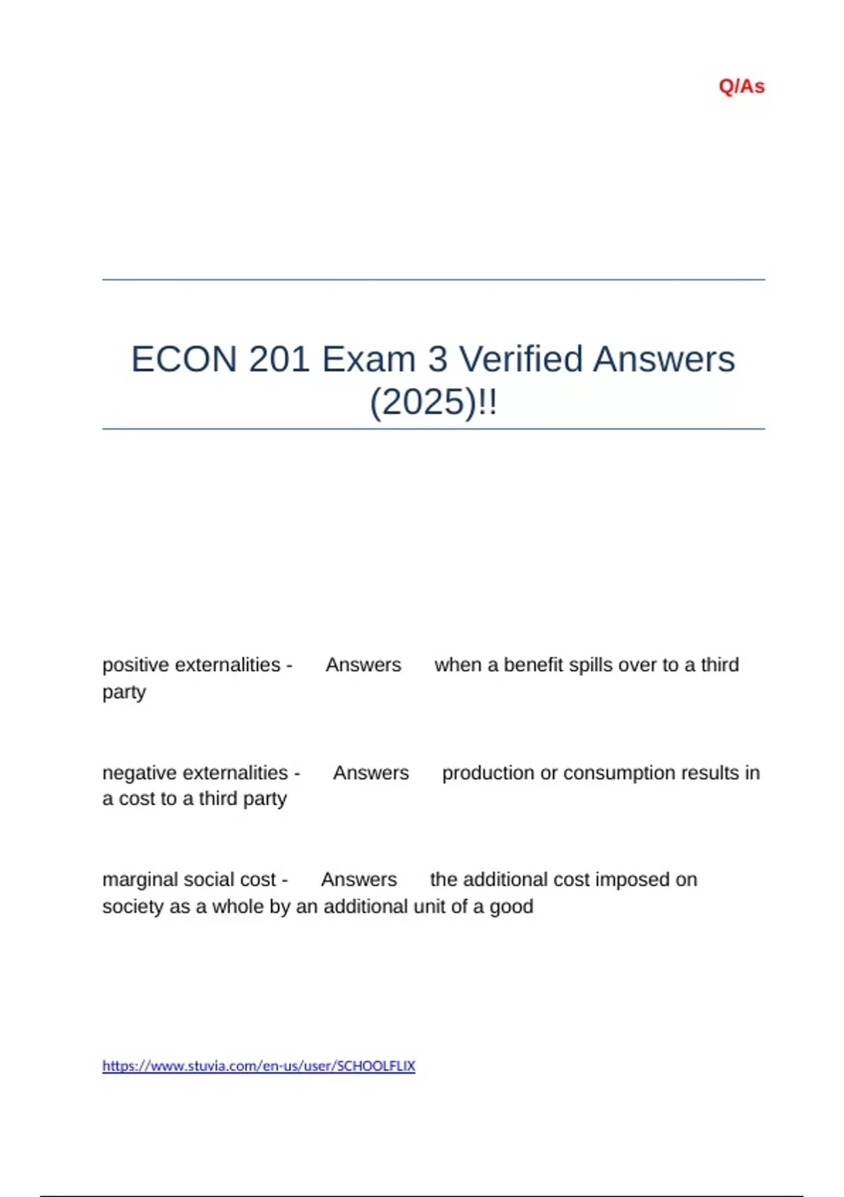 ECON 201 Exam 3 Verified Answers (2025)!! - Econ 201 - Stuvia US