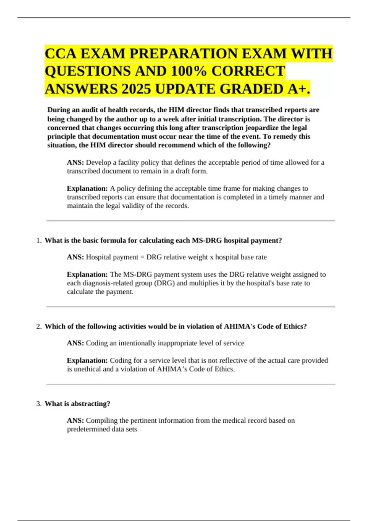 CCA EXAM PREPARATION EXAM WITH QUESTIONS AND 100% CORRECT ANSWERS 2025 UPDATE GRADED A+. - CCA ...