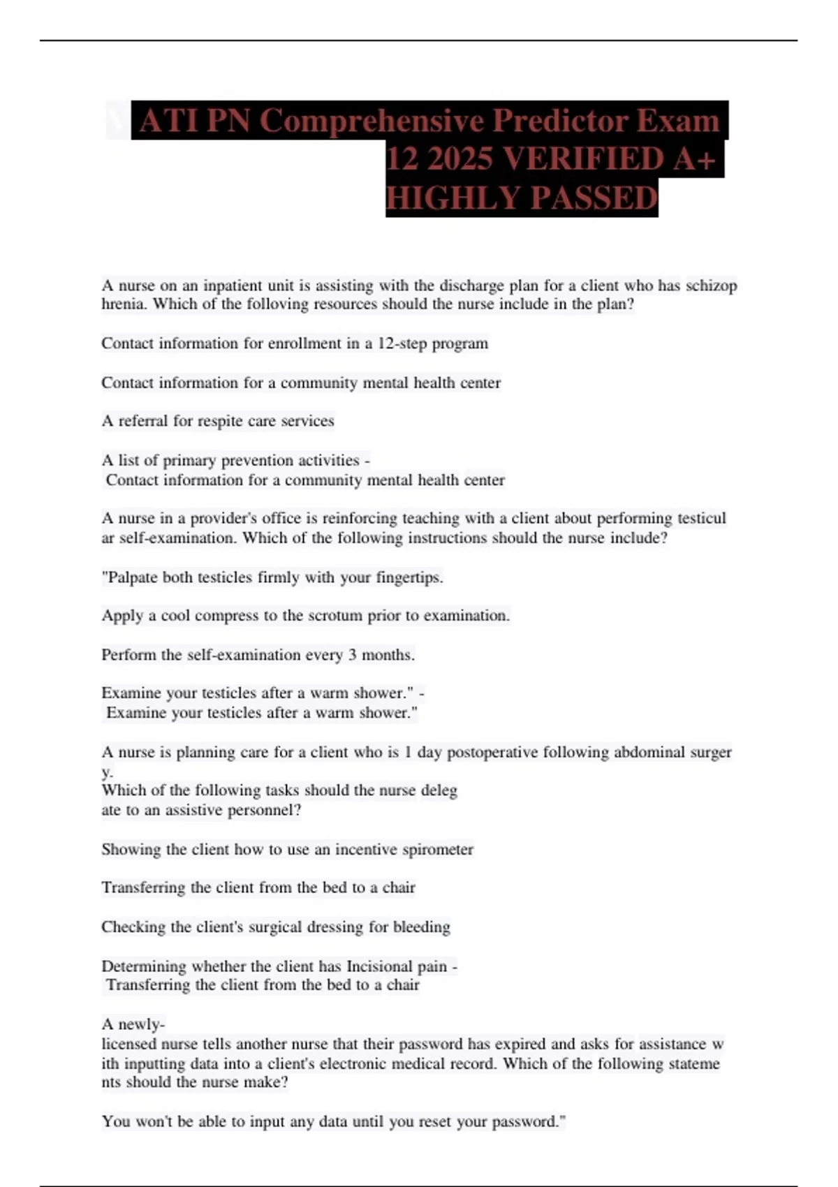 ATI PN Comprehensive Predictor Exam 12 2025 VERIFIED A+ HIGHLY PASSED ...