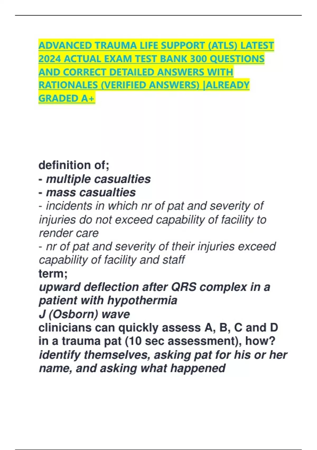 ADVANCED TRAUMA LIFE SUPPORT (ATLS) LATEST 2024 ACTUAL EXAM TEST BANK ...